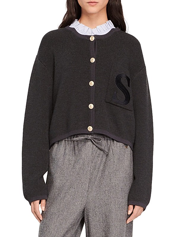 Shop Sandro Knit Cardigan with Embroidered Pocket | Saks Shop Sandro Knit Cardigan with Embroidered Pocket | Saks