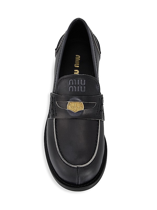 Shop Miu Miu 20MM Distressed Leather Penny Loafers | Saks Shop Miu Miu 20MM Distressed Leather Penny Loafers | Saks