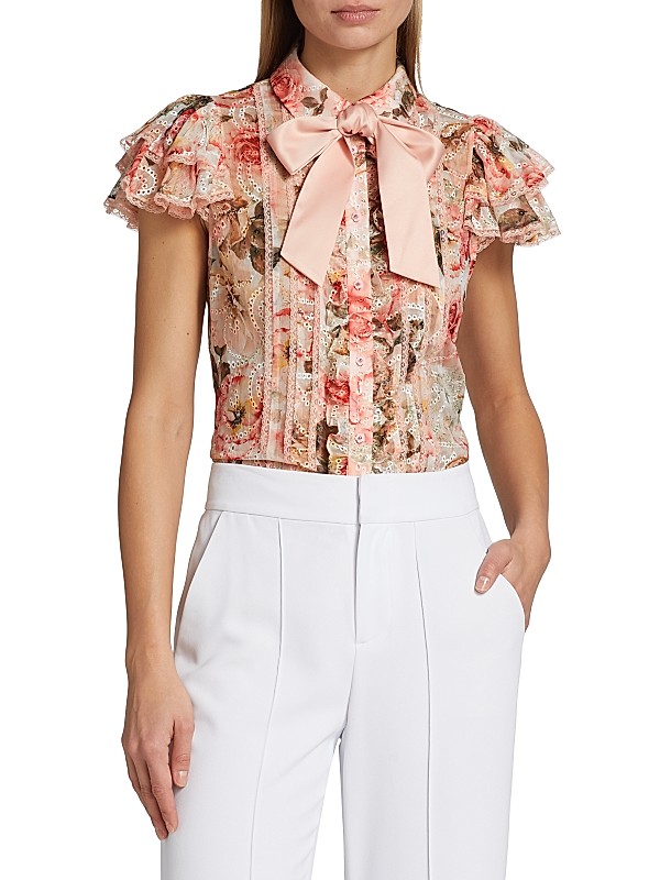 Shop Alice + Olivia Minda Ruffled Tie-Neck Blouse | Saks Shop Alice + Olivia Minda Ruffled Tie-Neck Blouse | Saks