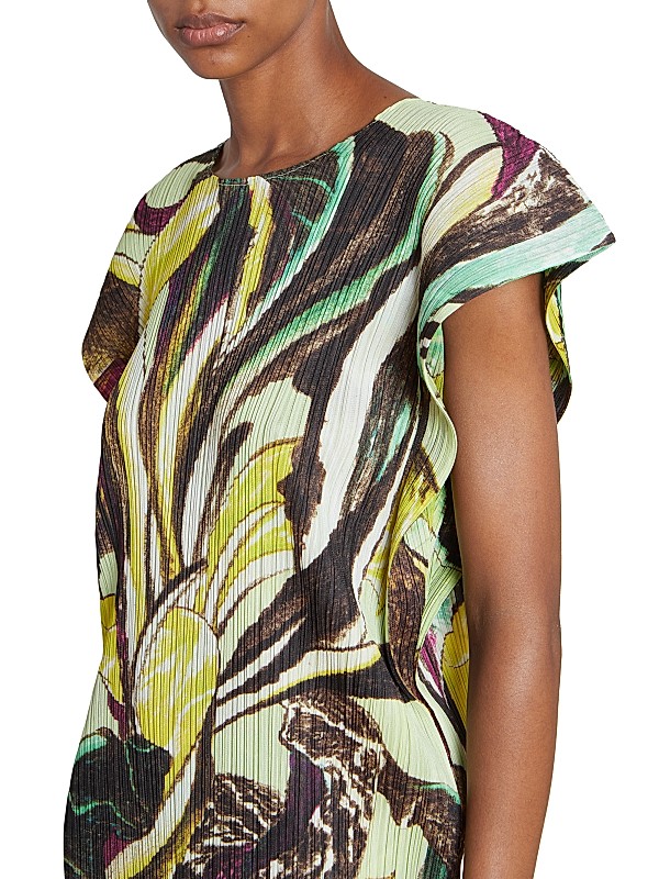 Shop Pleats Please Issey Miyake Tardivo Botanical Cap-Sleeve Shop Pleats Please Issey Miyake Tardivo Botanical Cap-Sleeve
