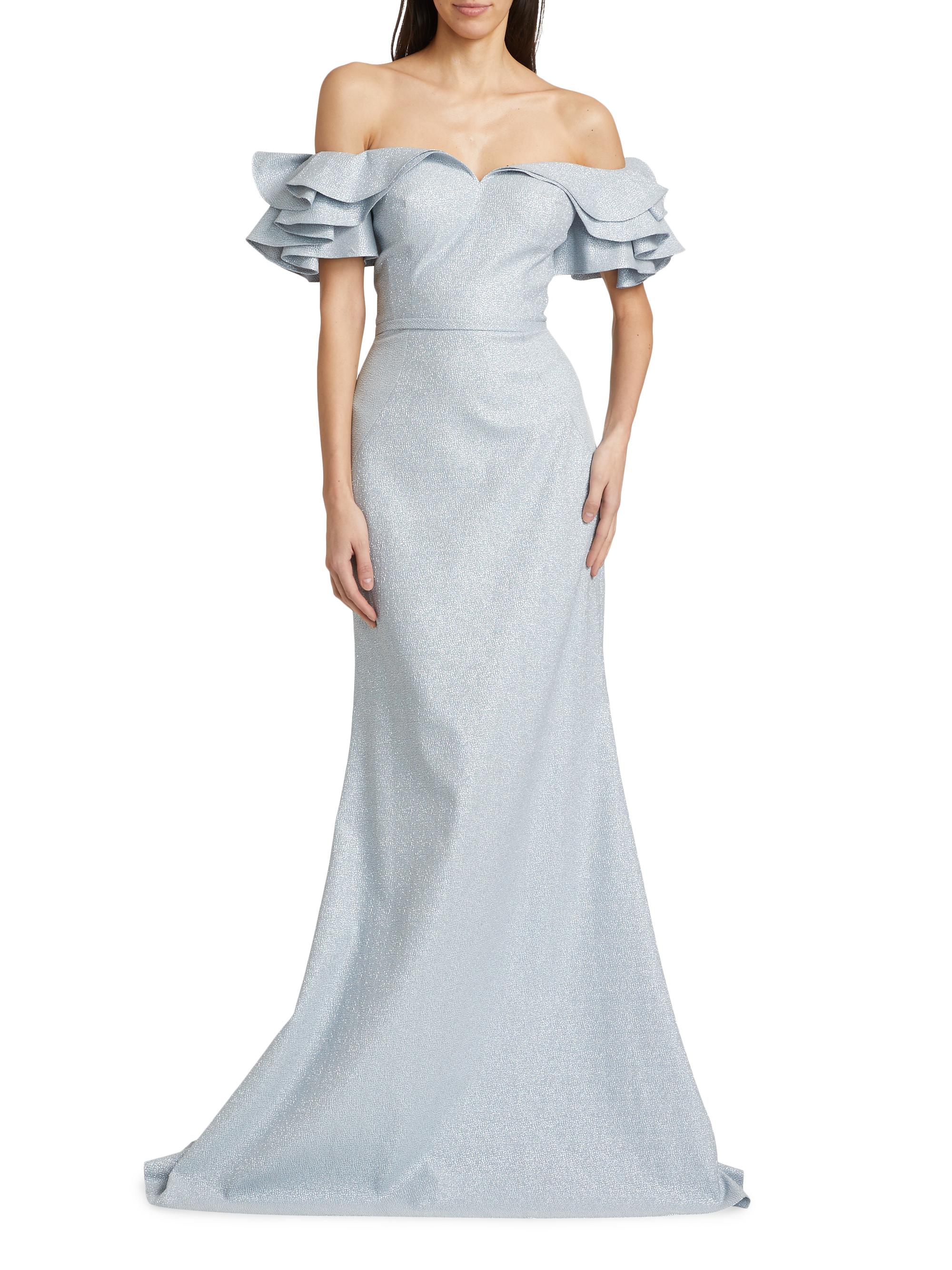 Teri Jon by Rickie Freeman Jacquard Cascade Ruffle-Sleeve Gown | Saks ...