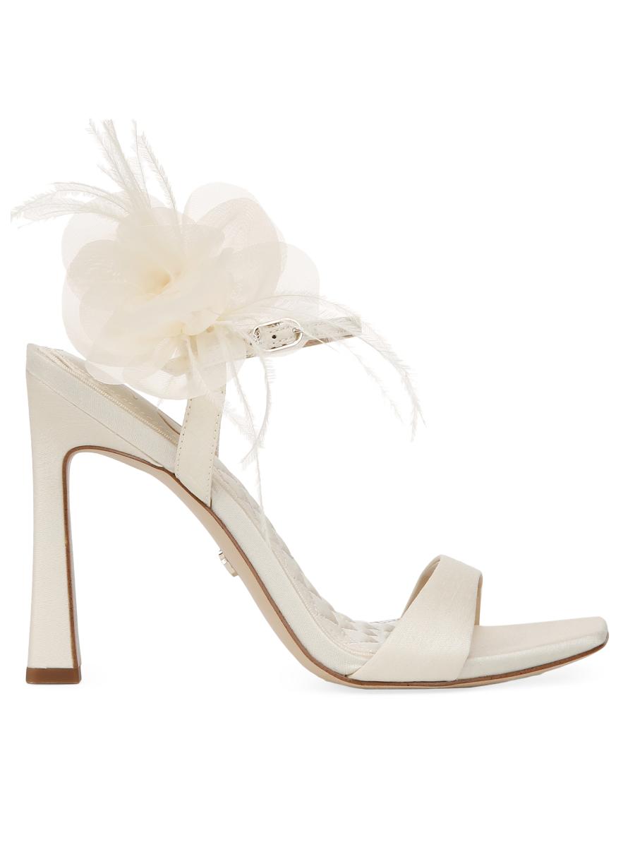 Sam Edelman Leana 100MM Feather-Trimmed Flower Appliqué Leather Sandals ...