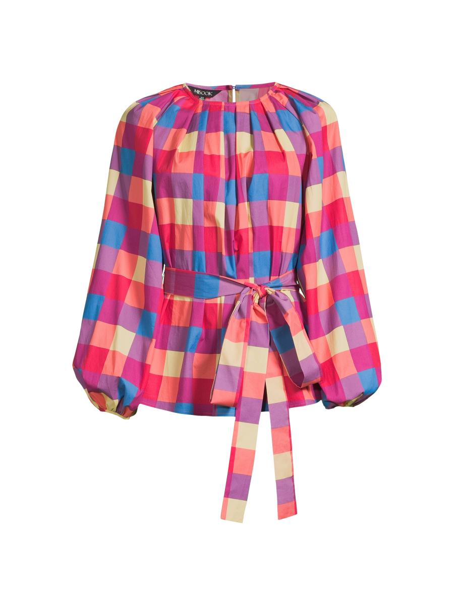 Misook Belted Plaid Cotton-Blend Blouse | Saks Fifth Avenue