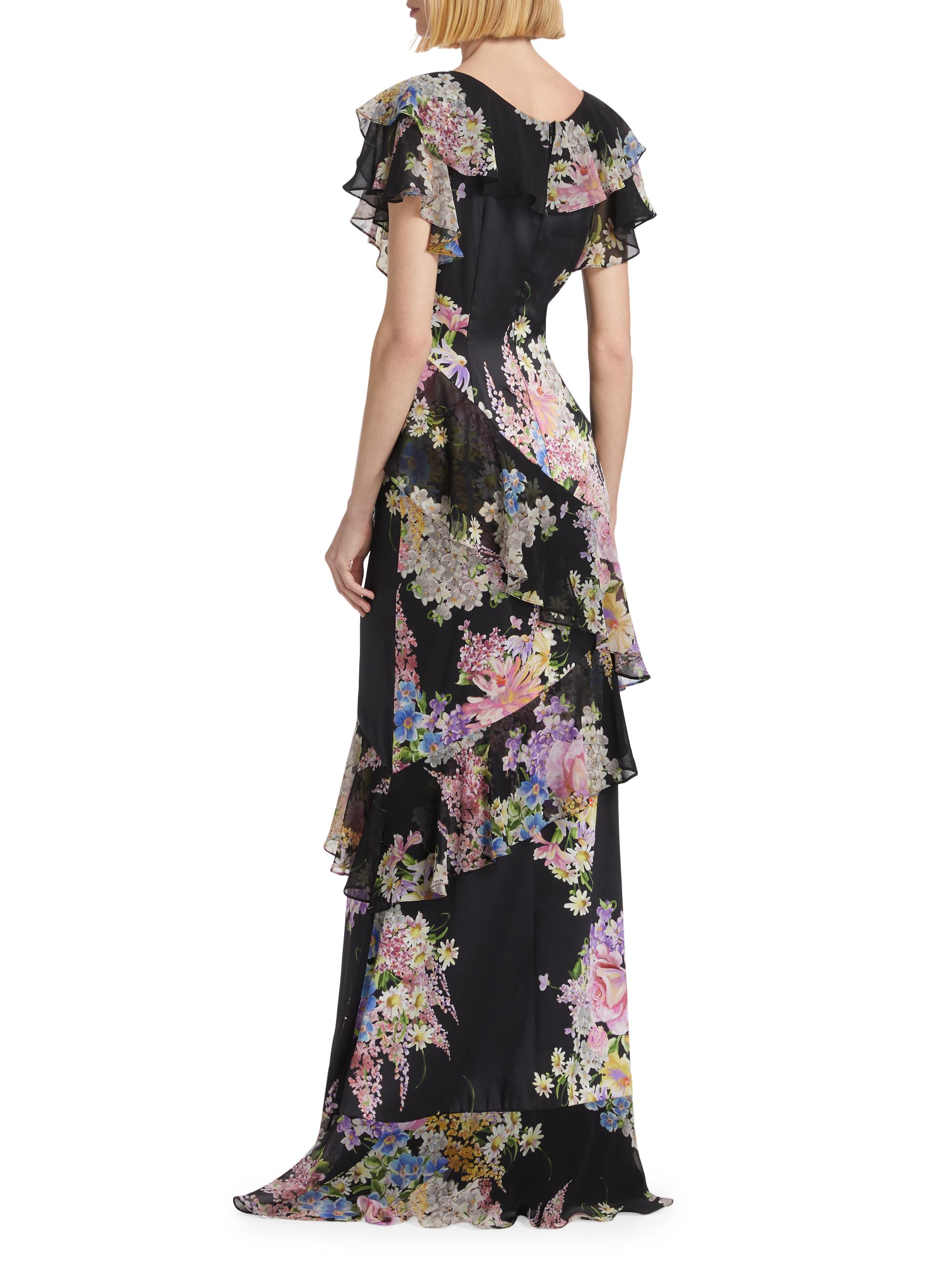 Teri Jon by Rickie Freeman Floral Chiffon Diagonal Ruffle Gown | Saks ...