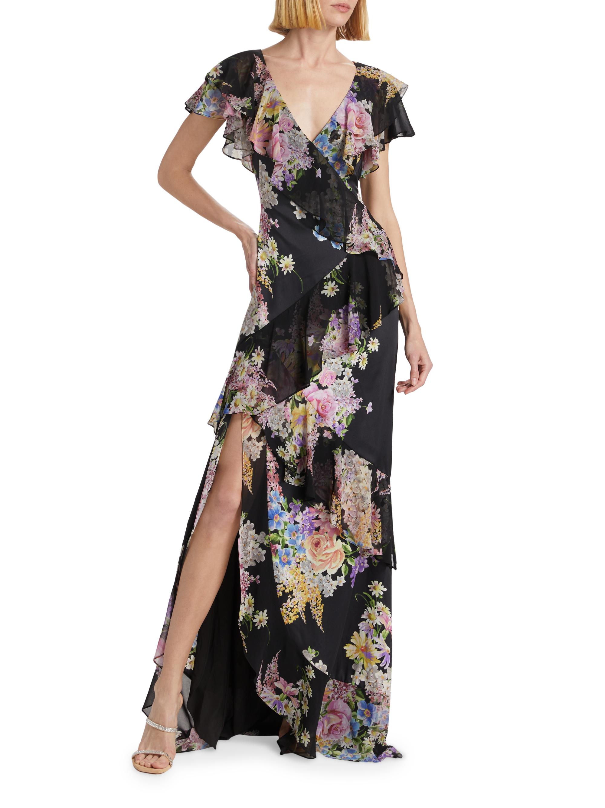 Teri Jon by Rickie Freeman Floral Chiffon Diagonal Ruffle Gown | Saks ...