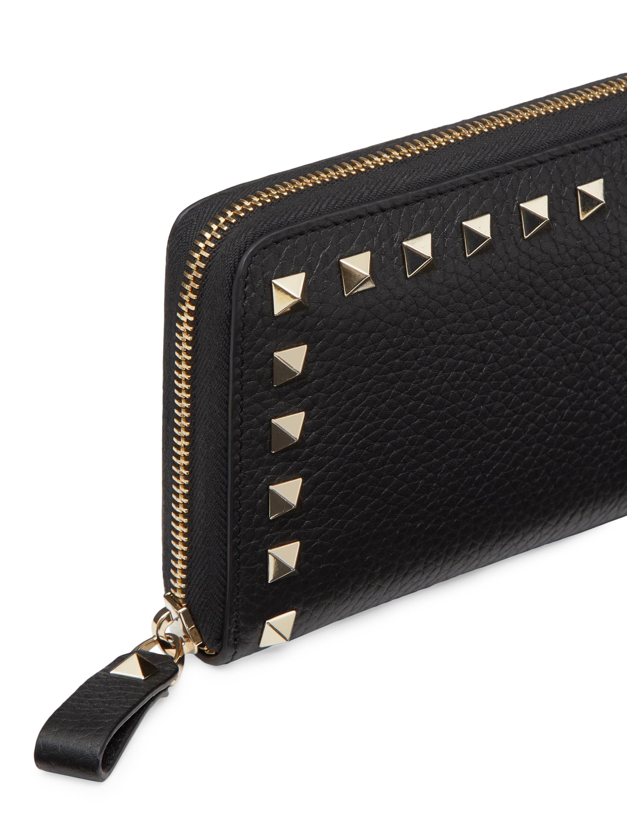Valentino Garavani Rockstud Grainy Calfskin Zippered Wallet | Saks ...