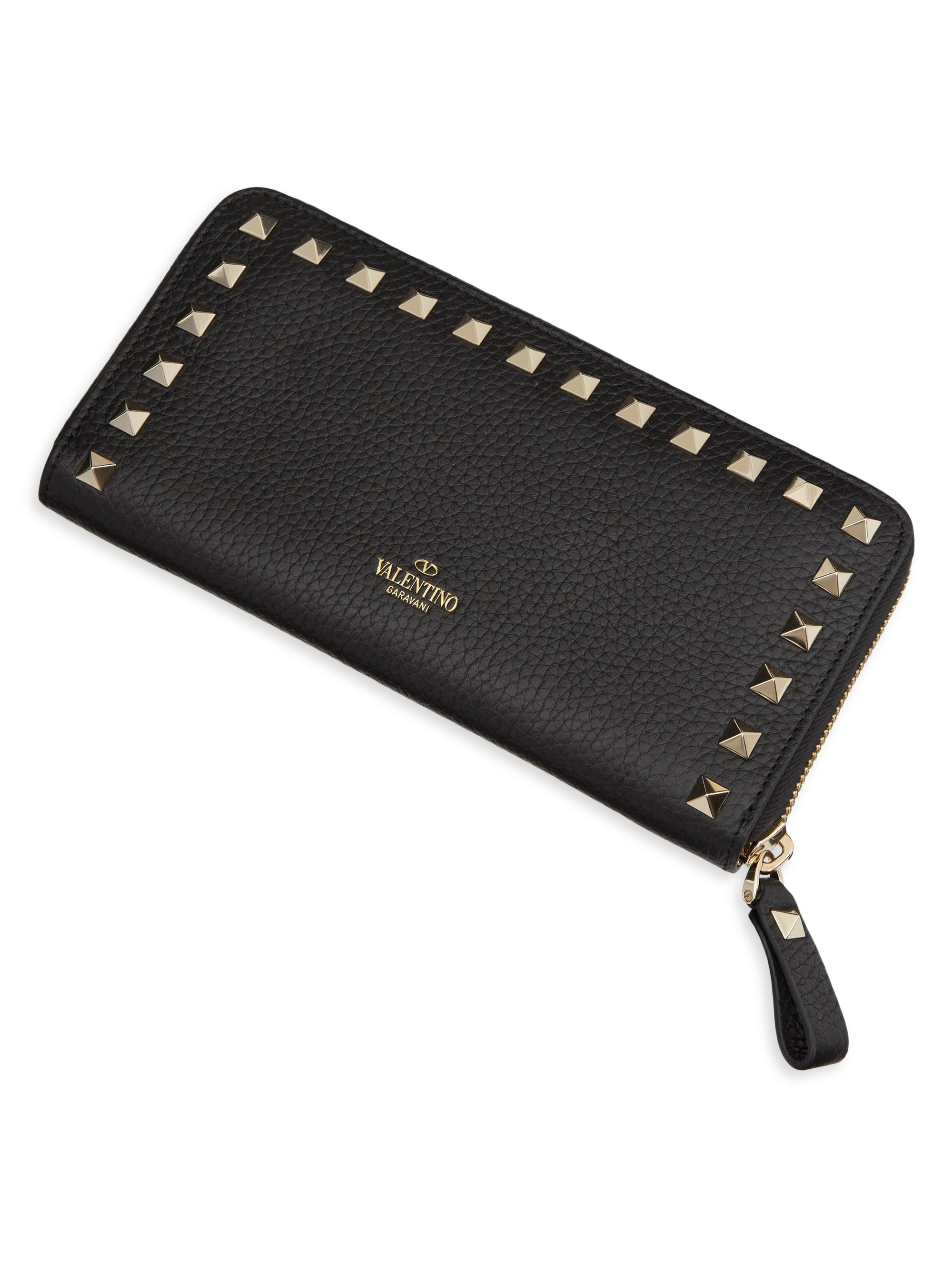 Valentino Garavani Rockstud Grainy Calfskin Zippered Wallet | Saks ...