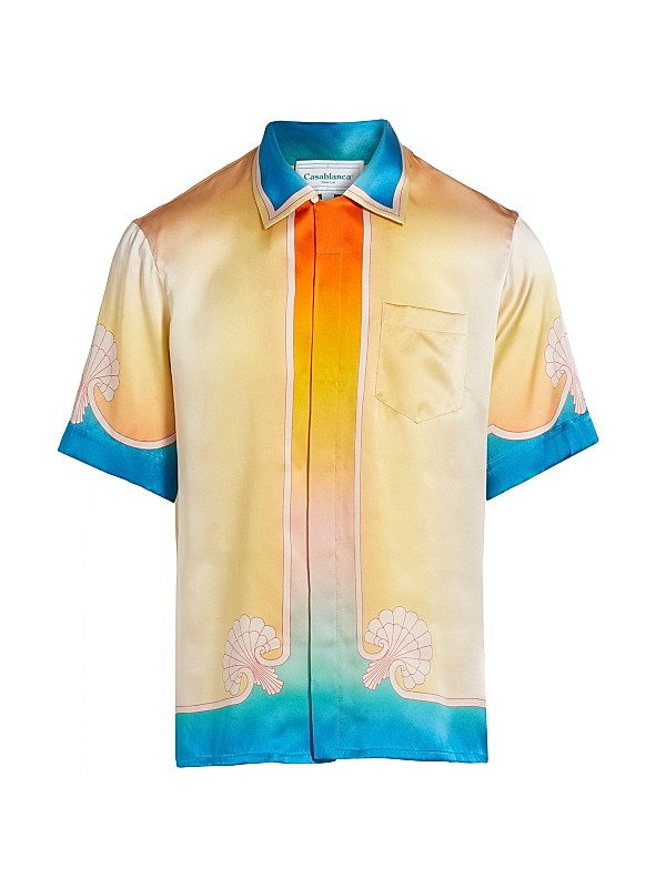 Shop Casablanca Silk Satin Ombré Cuban Collar Short-Sleeve Shop Casablanca Silk Satin Ombré Cuban Collar Short-Sleeve