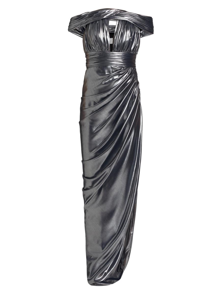Pamella Roland Pleated Metallic Asymmetric Gown | Saks Fifth Avenue