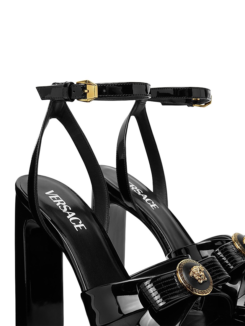 Shop Versace Gianni Ribbon 140MM Leather Platform Sandals Shop Versace Gianni Ribbon 140MM Leather Platform Sandals