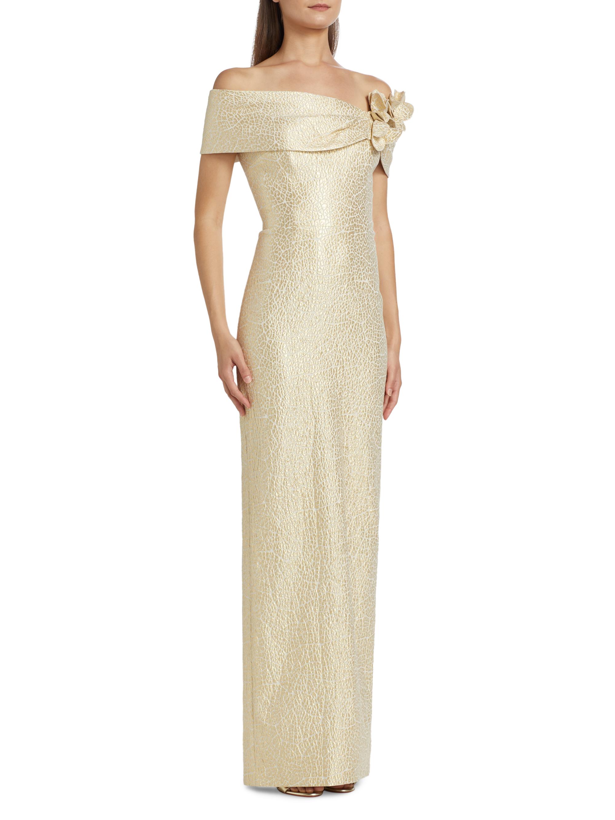Teri Jon by Rickie Freeman Off-the-Shoulder Jacquard Column Gown | Saks ...