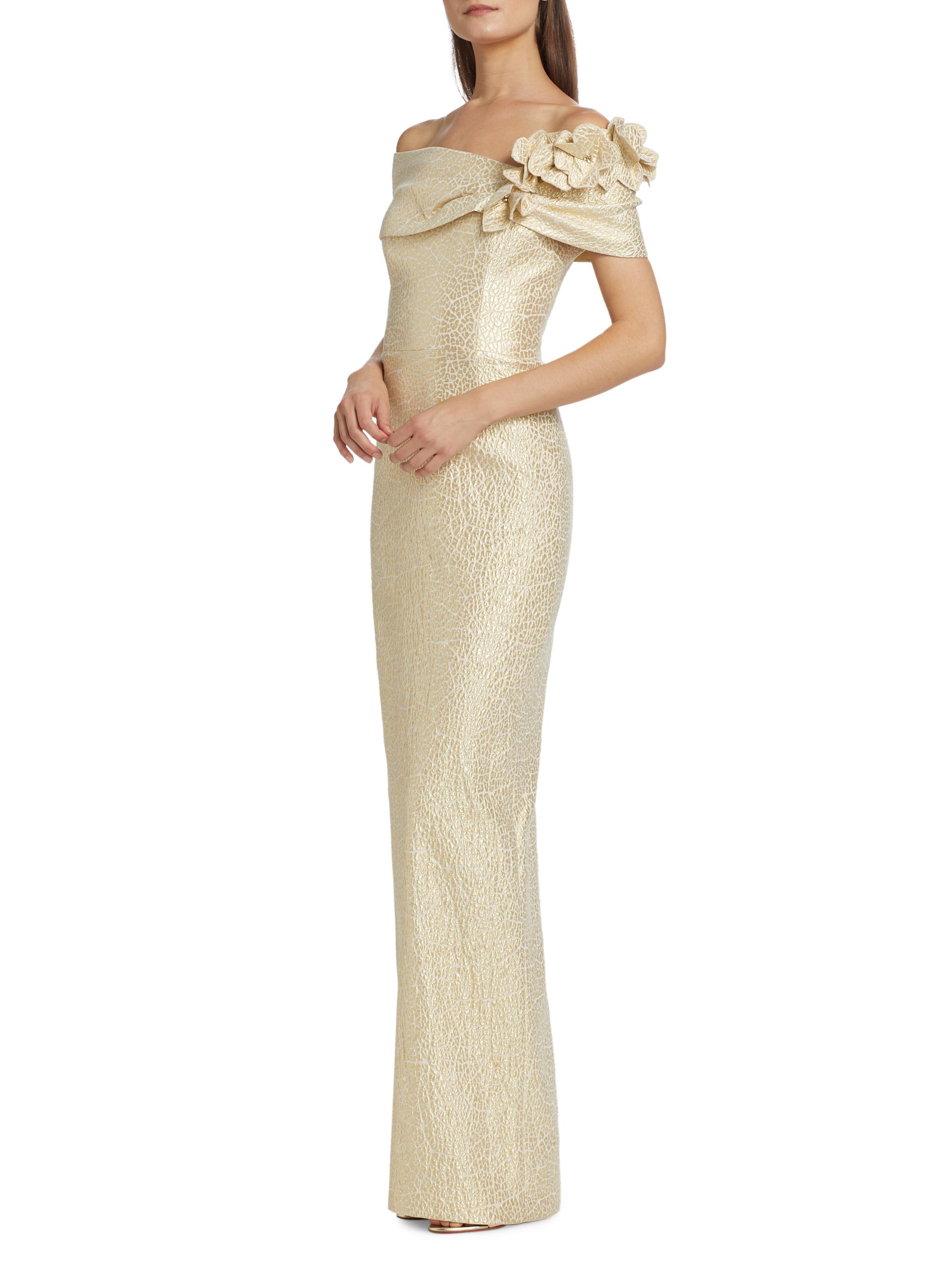 Teri Jon by Rickie Freeman Off-the-Shoulder Jacquard Column Gown | Saks ...