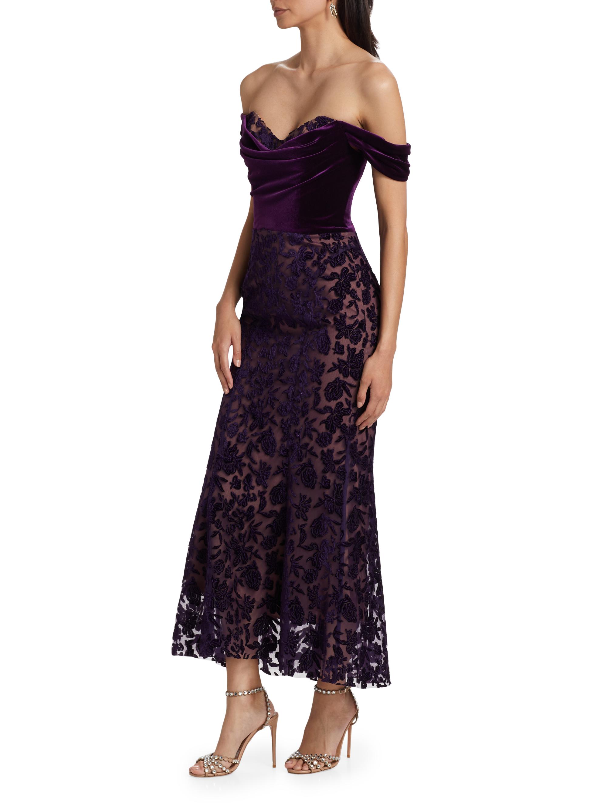 Marchesa Notte Off-the-Shoulder Velvet Lace Cocktail Dress | Saks Fifth ...