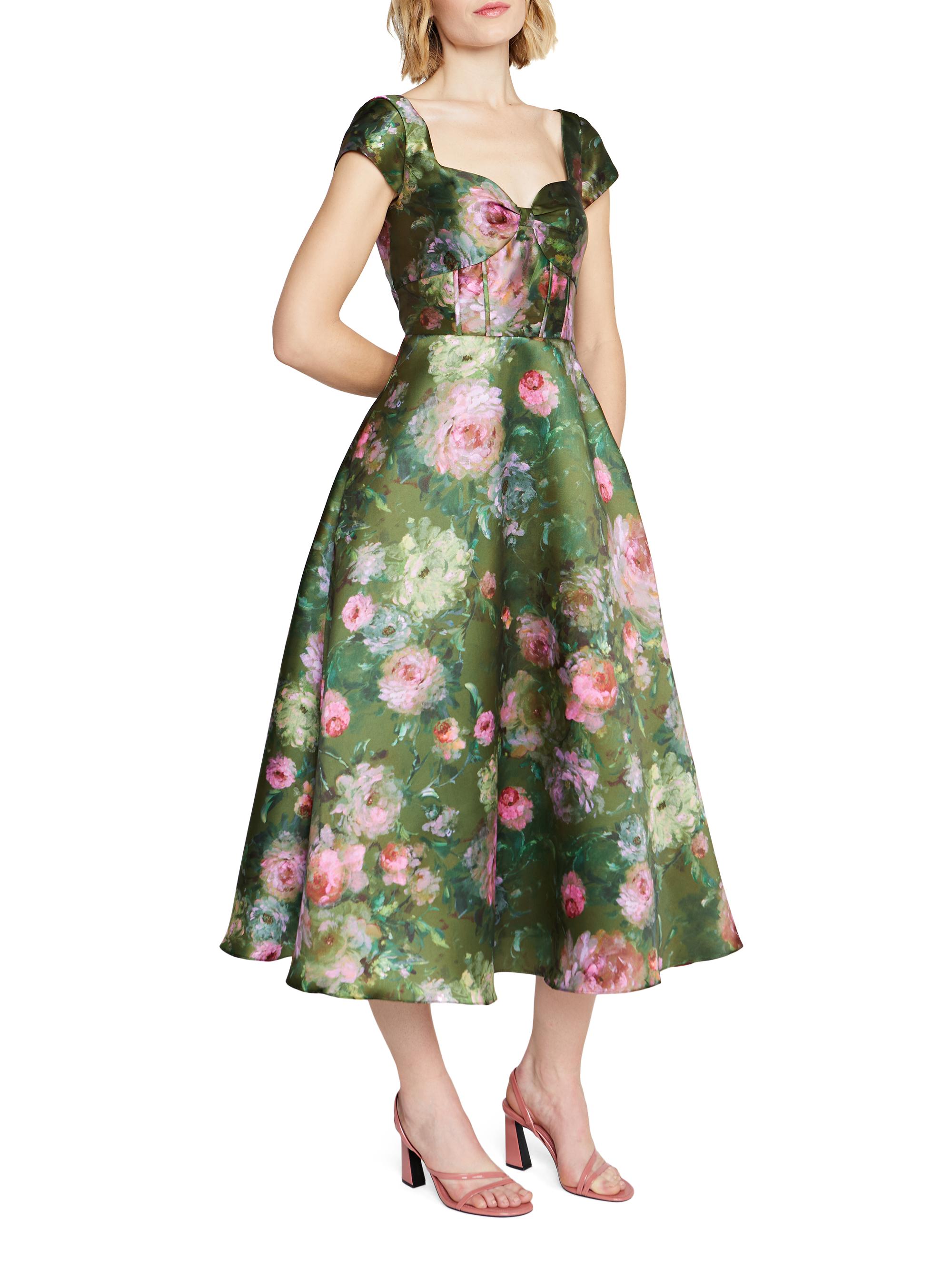Theia Libby Floral Satin Midi-Dress | Saks Fifth Avenue