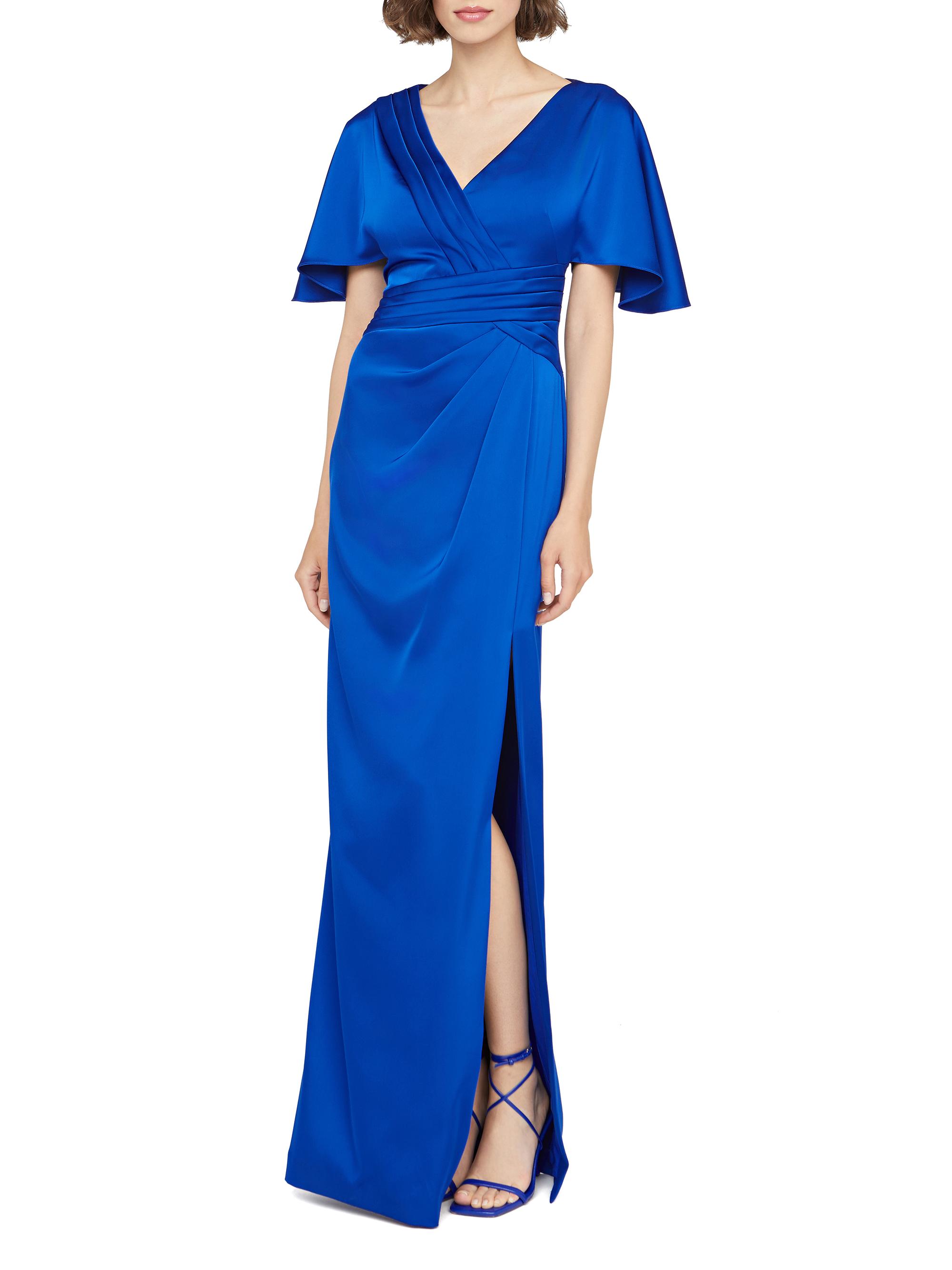 Theia Shea Satin Pleated Flutter-Sleeve Gown | Saks Fifth Avenue