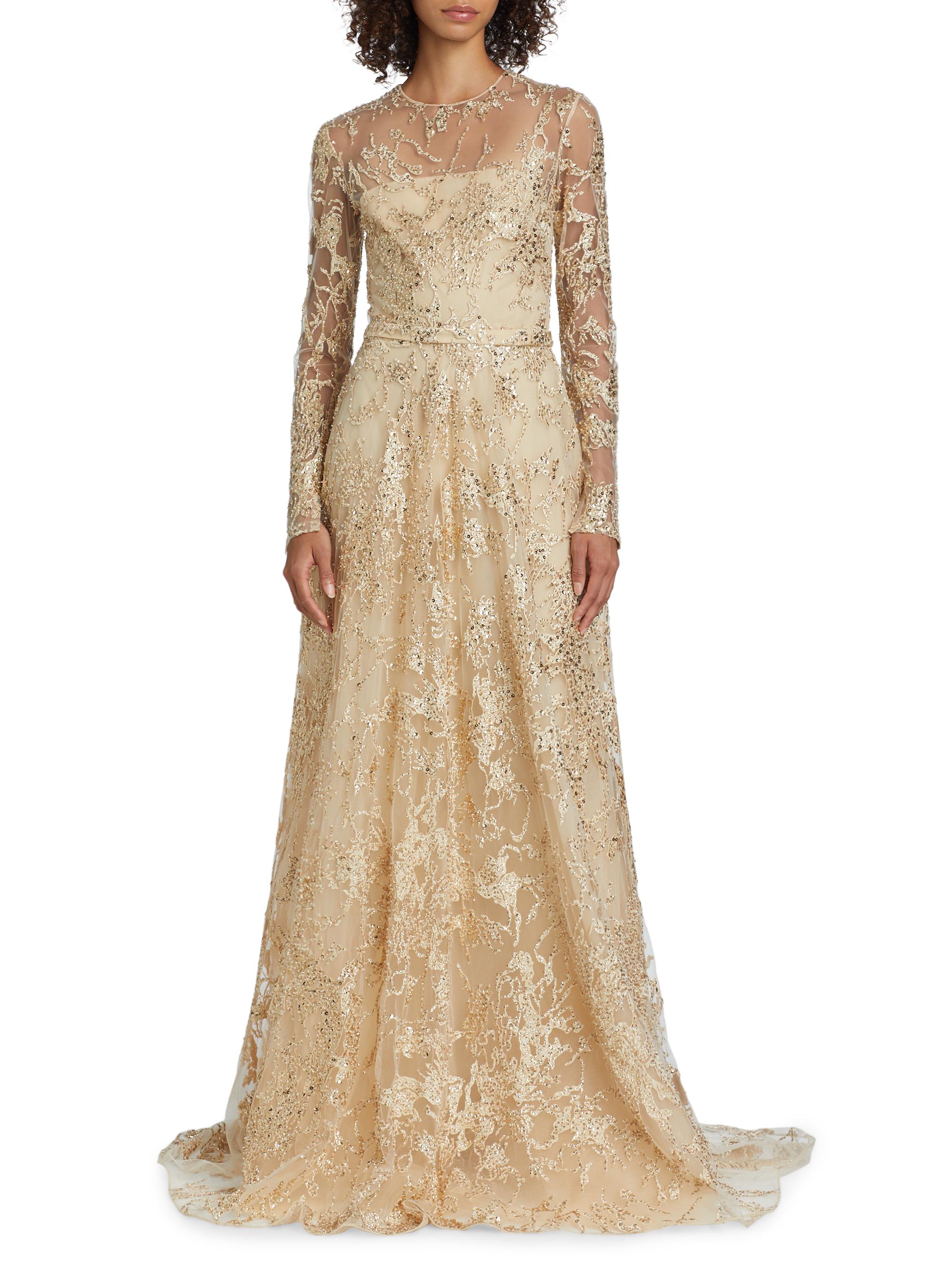 Pamella Roland Embroidered Tulle Long-Sleeve Gown | Saks Fifth Avenue