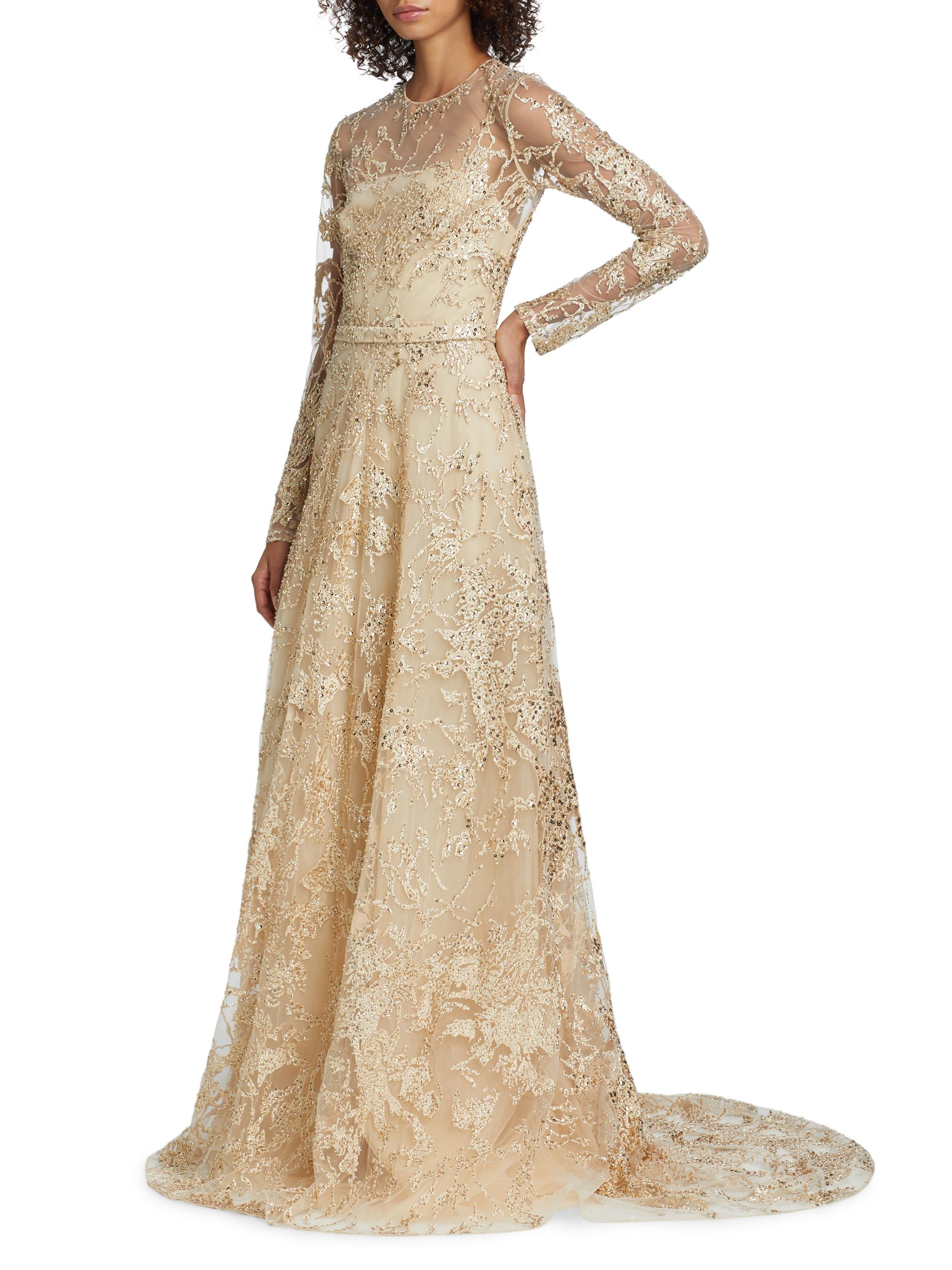 Pamella Roland Embroidered Tulle Long-Sleeve Gown | Saks Fifth Avenue