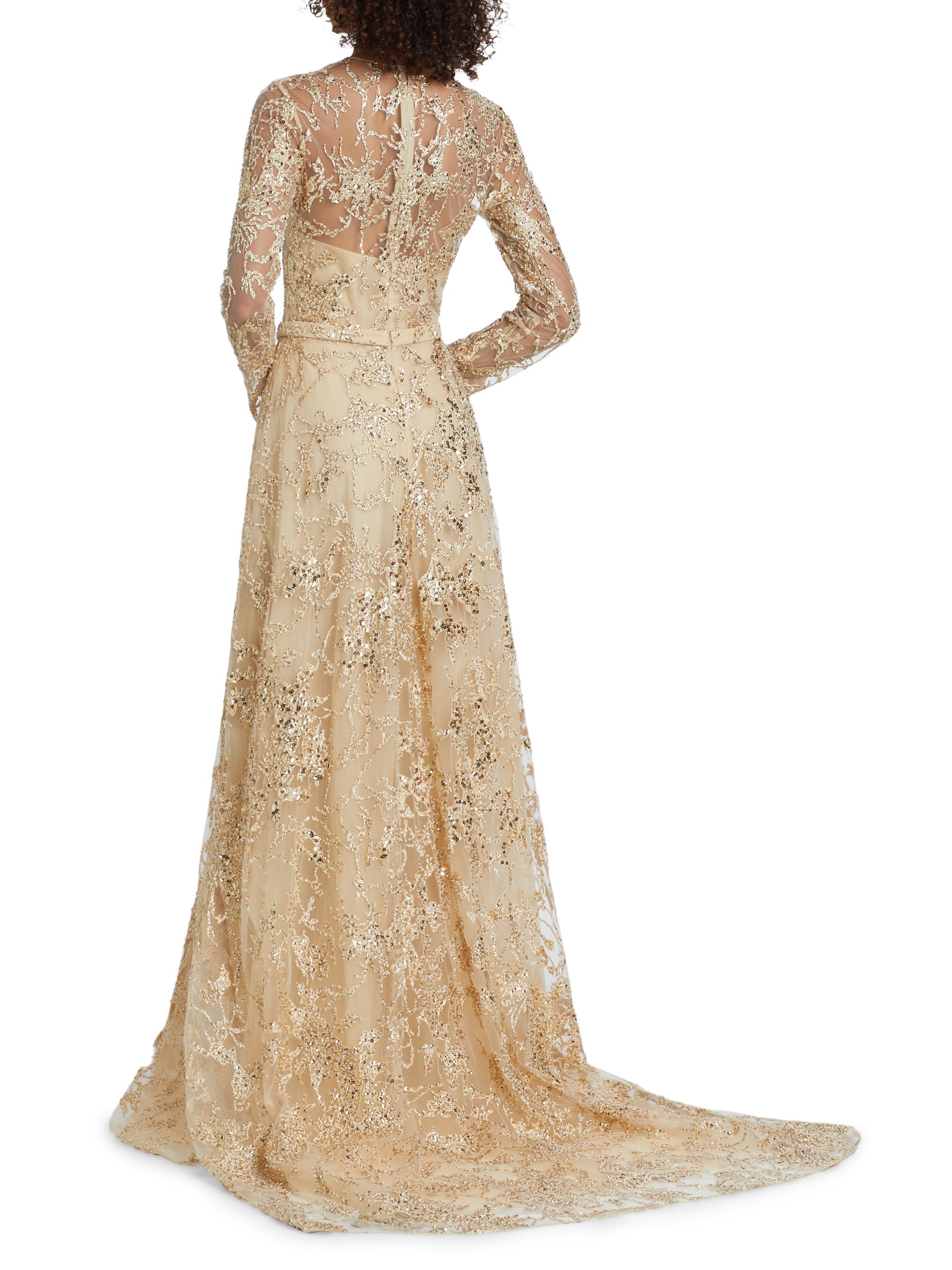 Pamella Roland Embroidered Tulle Long-Sleeve Gown | Saks Fifth Avenue