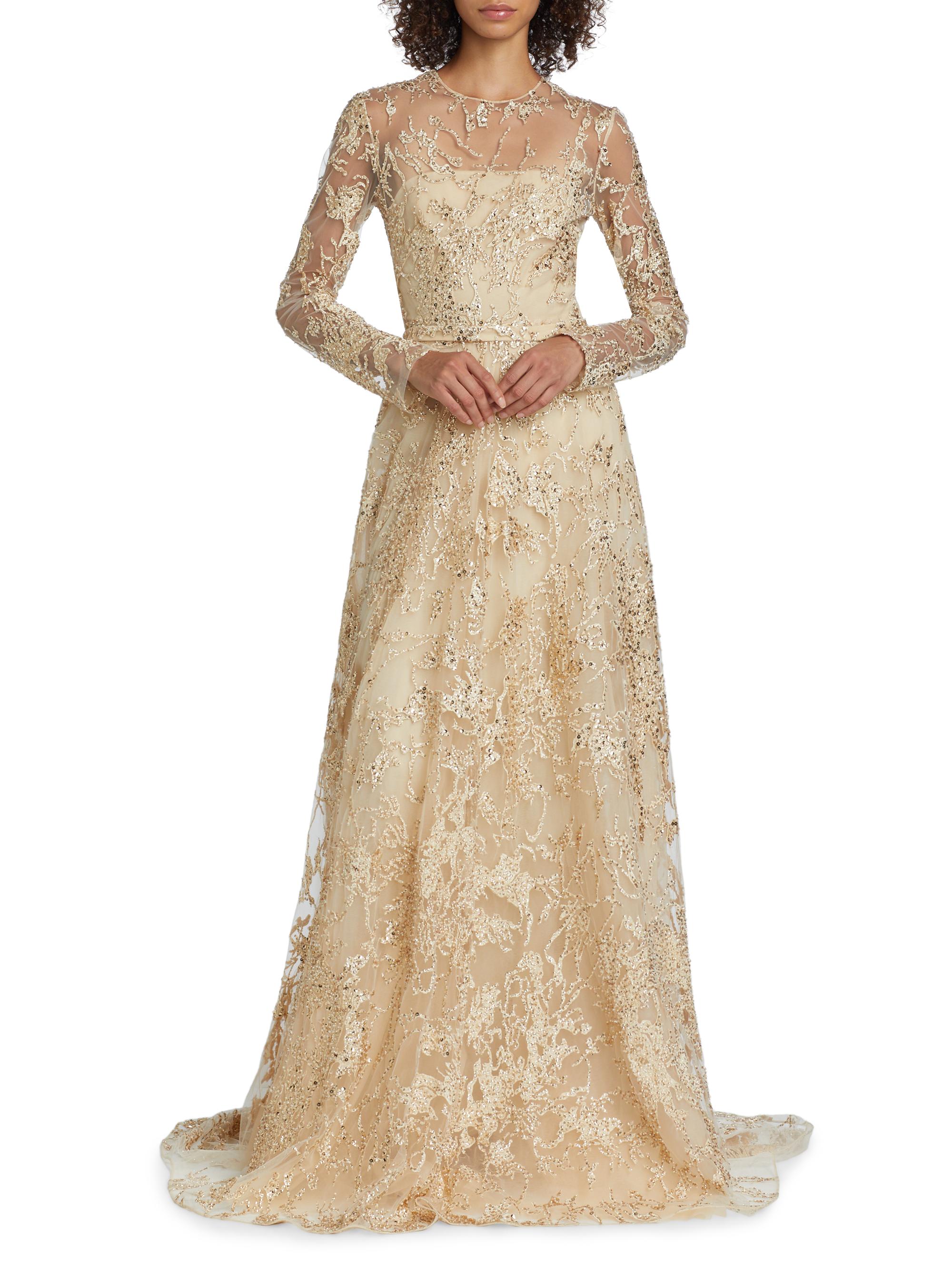 Pamella Roland Embroidered Tulle Long-Sleeve Gown | Saks Fifth Avenue