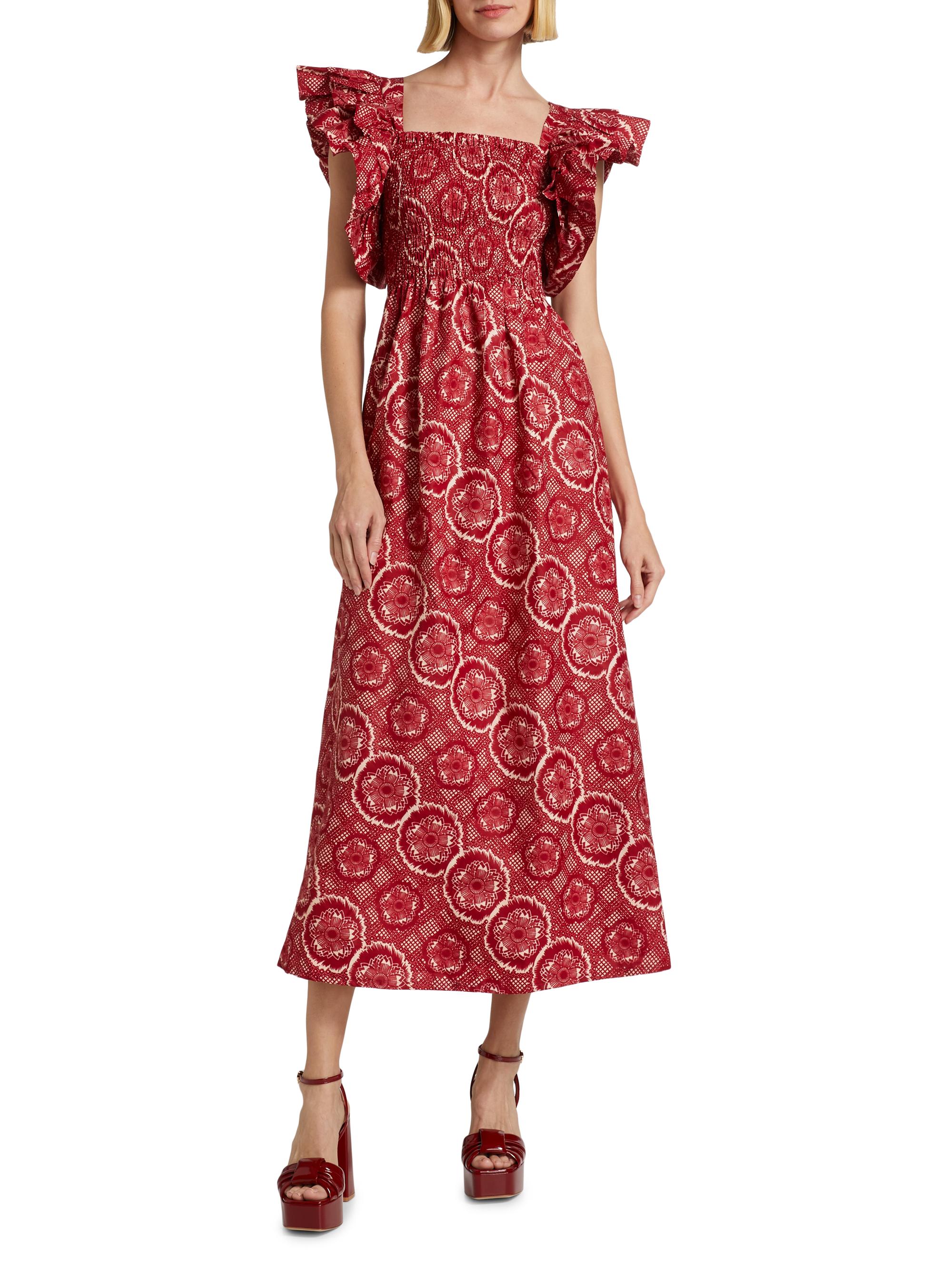Elisamama Sola Abstract Smocked Cotton Midi-Dress | Saks Fifth Avenue