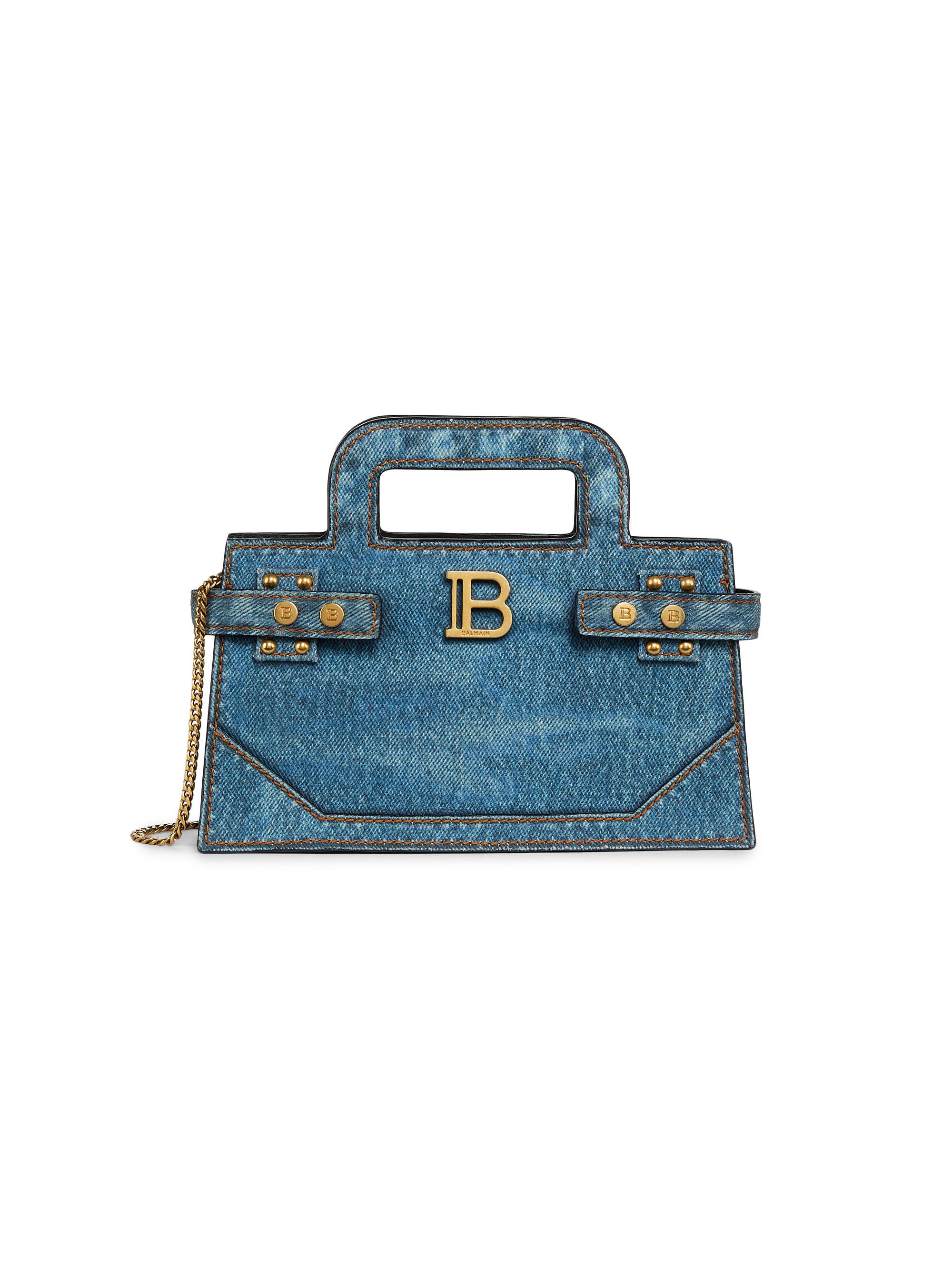 Shop Balmain Small B-Buzz Denim-Printed Canvas Top Handle Bag | Saks ...