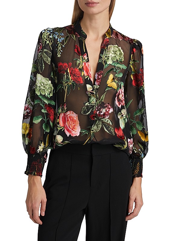 Shop Alice + Olivia Sheila Velvet Embroidered Blouson Sheer Shop Alice + Olivia Sheila Velvet Embroidered Blouson Sheer