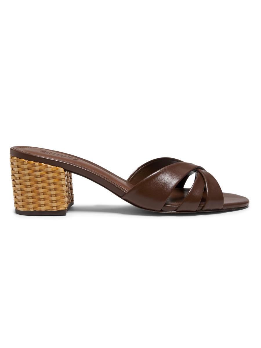 Schutz Keefa Mule 65MM Leather & Straw Block Heel Slip-On Sandals ...