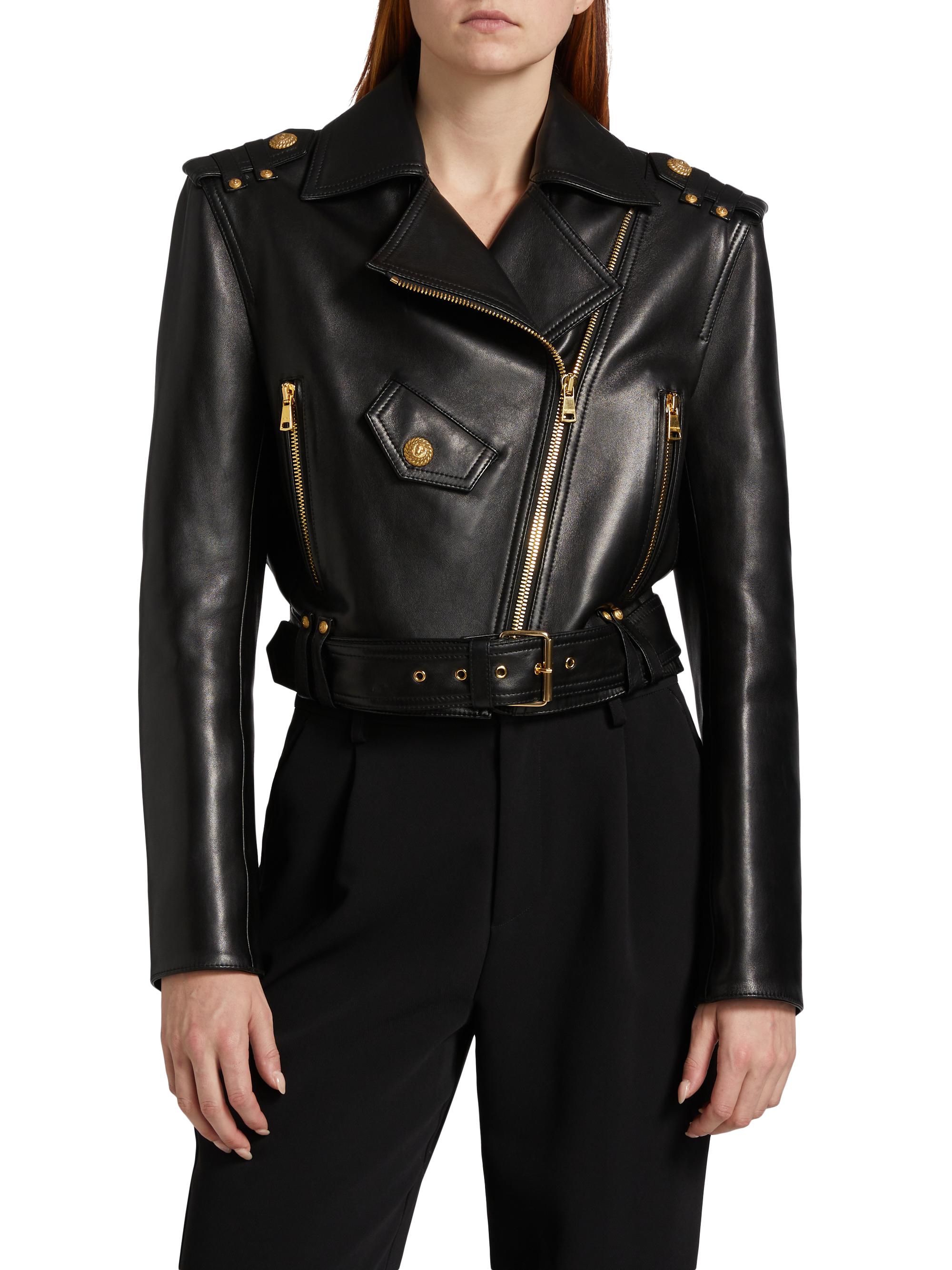Balmain Crop Leather Biker Jacket | Saks Fifth Avenue
