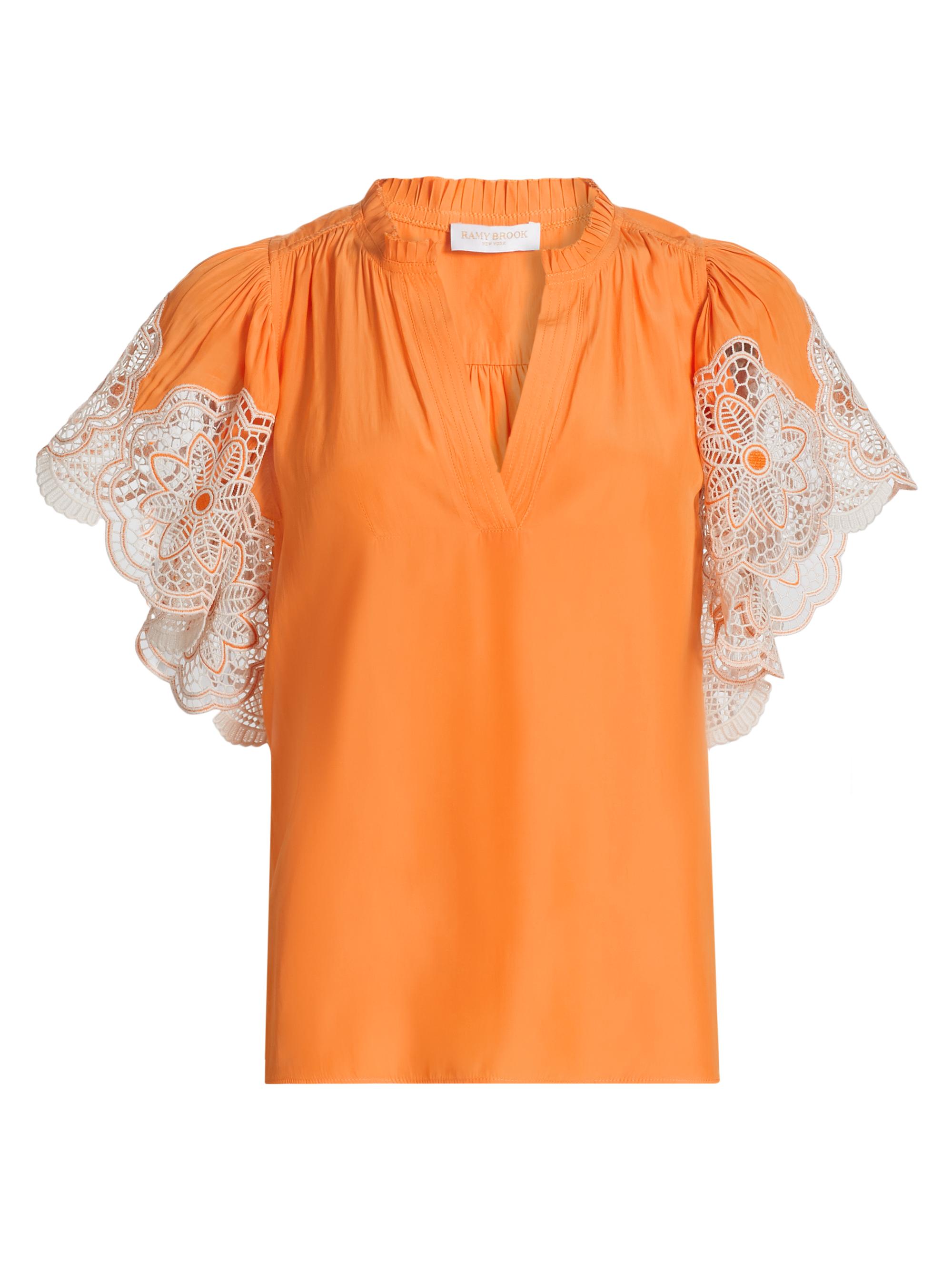 Ramy Brook Esti Lace-Trim Split Neck Flutter-Sleeve Top | Saks Fifth Avenue