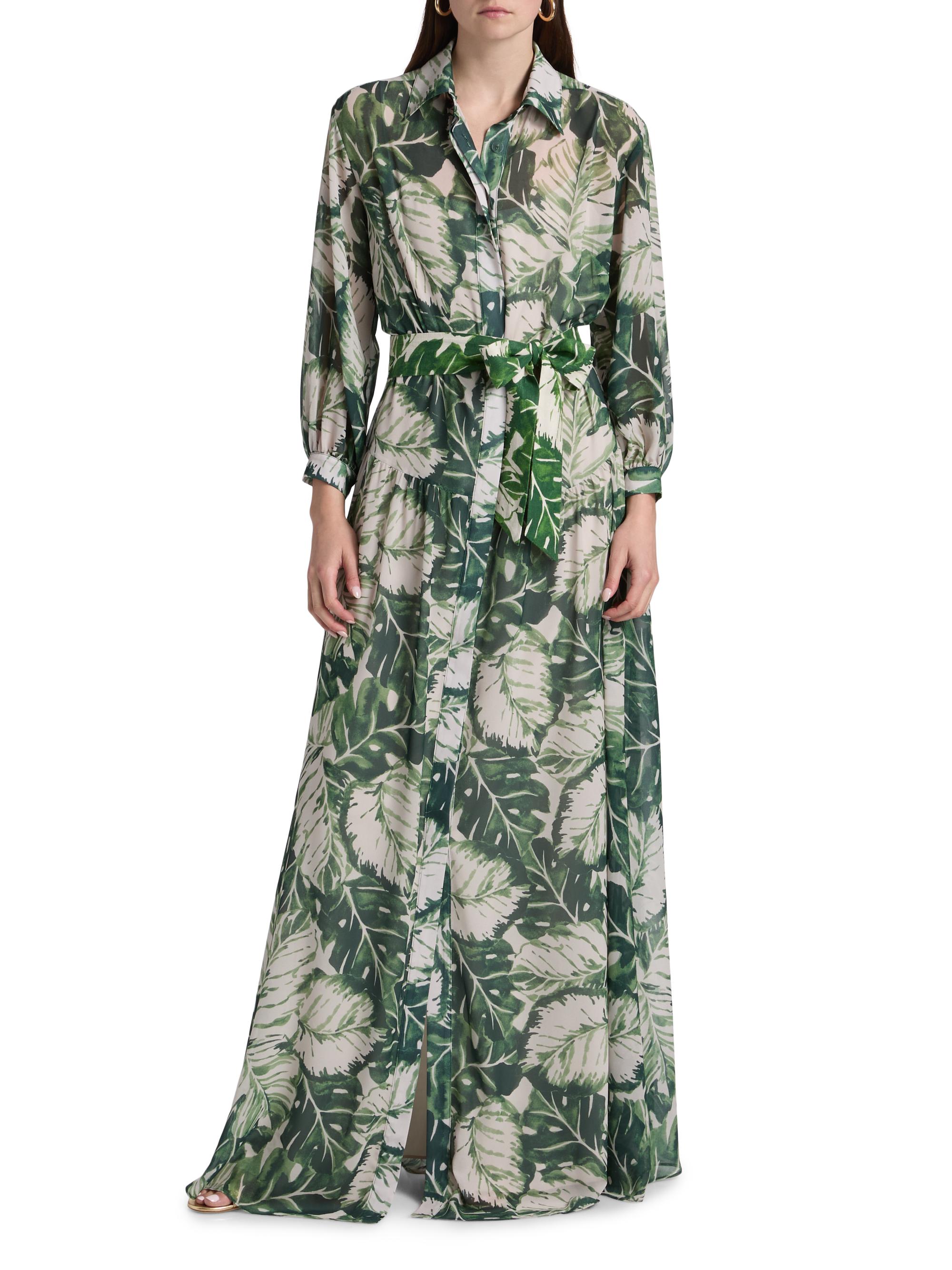 Teri Jon by Rickie Freeman Palm Leaf Maxi Shirtdress | Saks Fifth Avenue