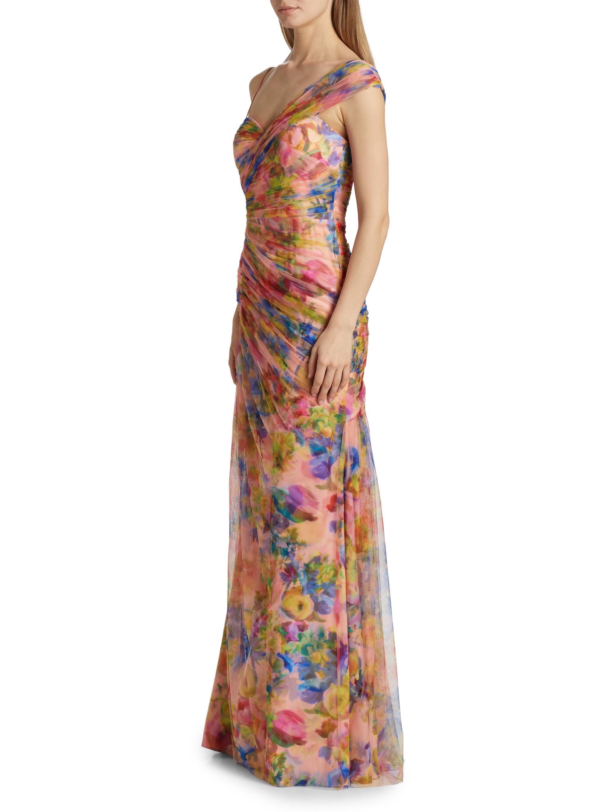 Theia Macie Watercolor Floral Tulle One-Shoulder Gown | Saks Fifth Avenue