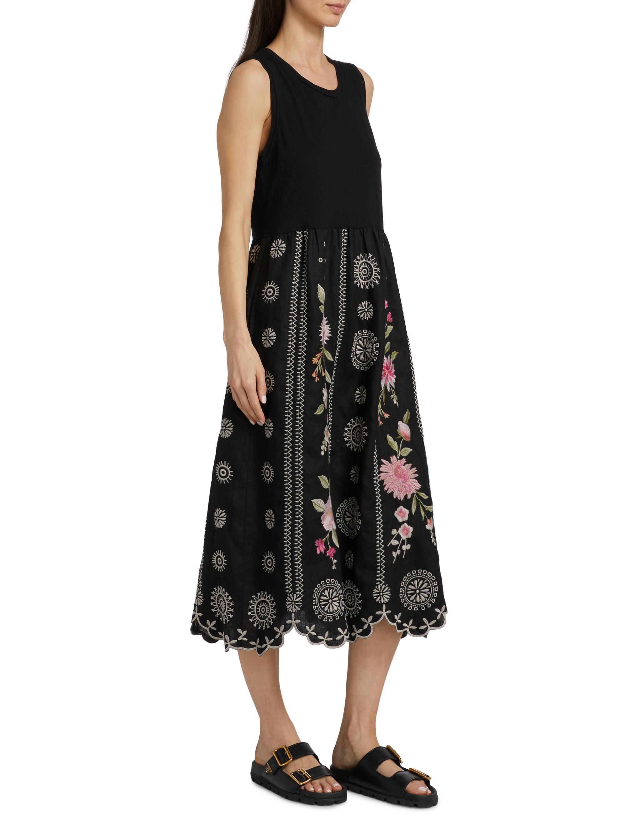 Johnny Was Della Floral-Embroidered Linen Mixed-Media Midi-Dress | Saks ...