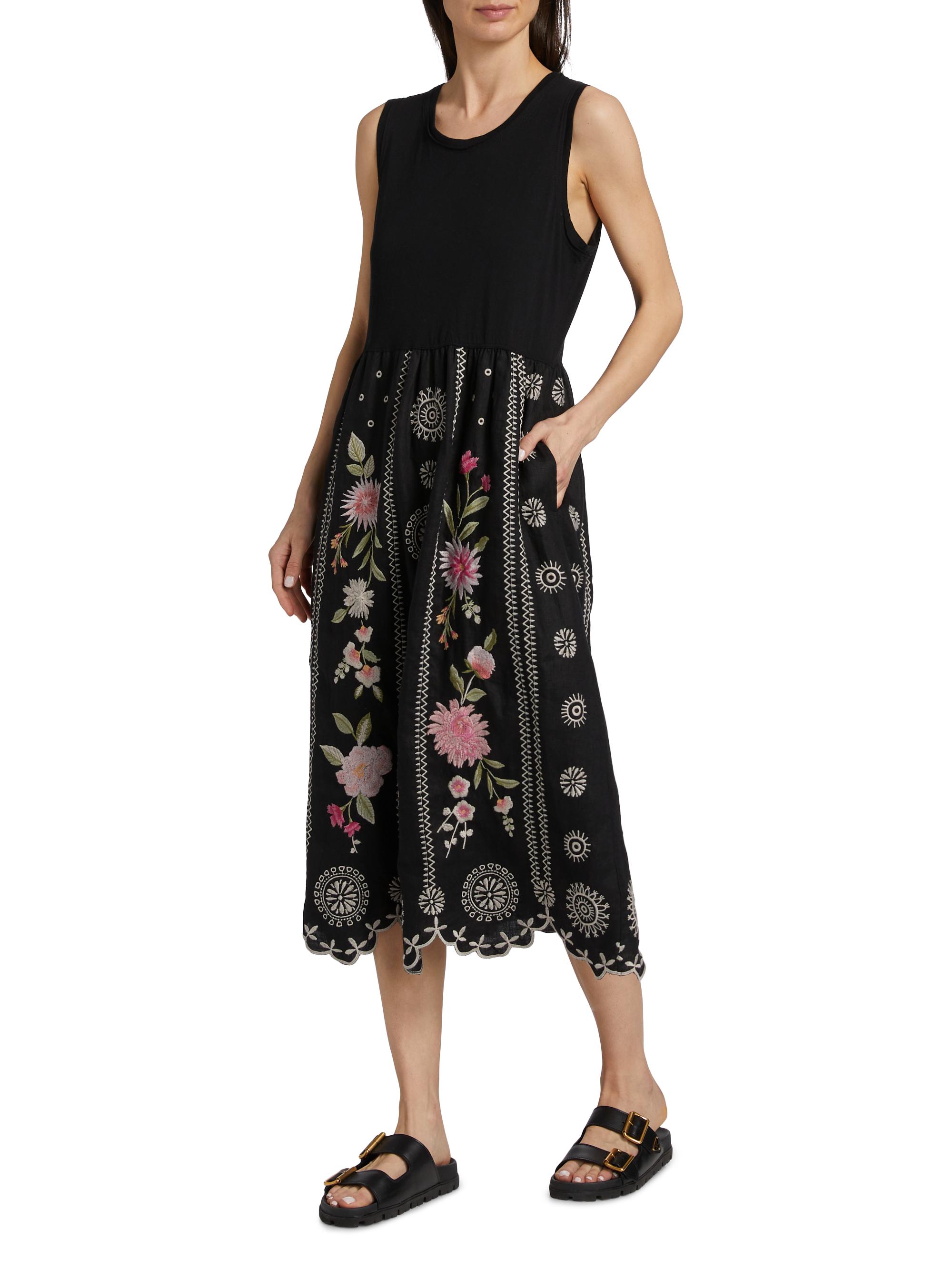 Johnny Was Della Floral-Embroidered Linen Mixed-Media Midi-Dress | Saks ...