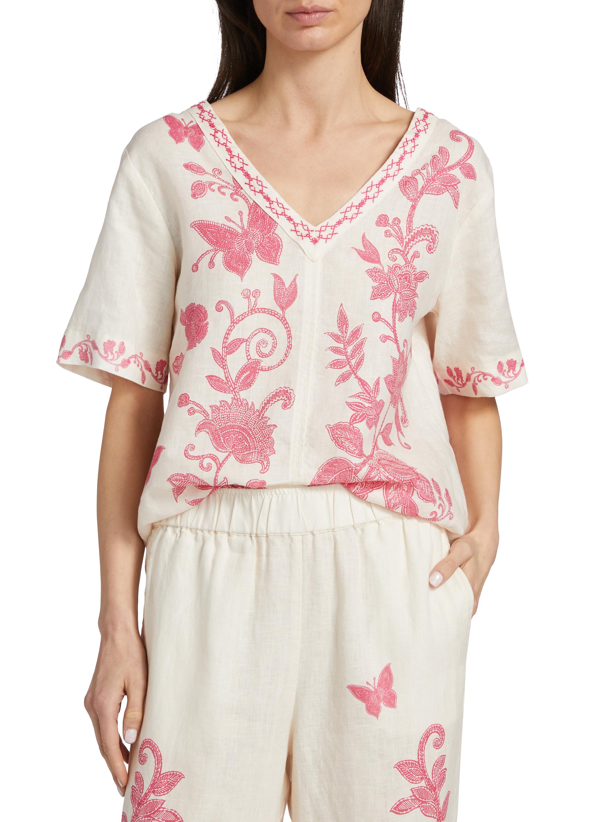 Johnny Was Printed Linen V-Neck Blouse | Saks Fifth Avenue