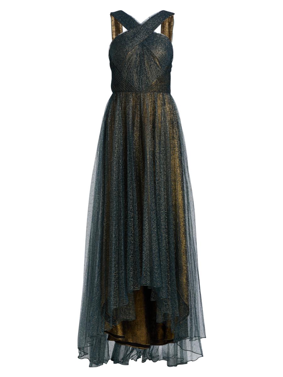 Theia Linda Sunburst Pleated Lace High-Low Gown | Saks Fifth Avenue