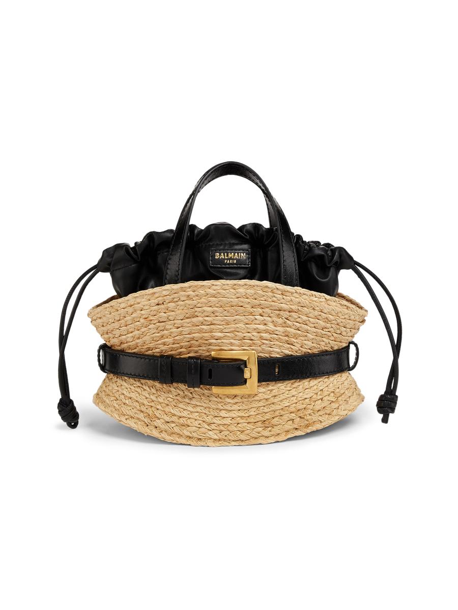 Balmain Mini Shuffle Raffia & Leather Top Handle Bag | Saks Fifth Avenue