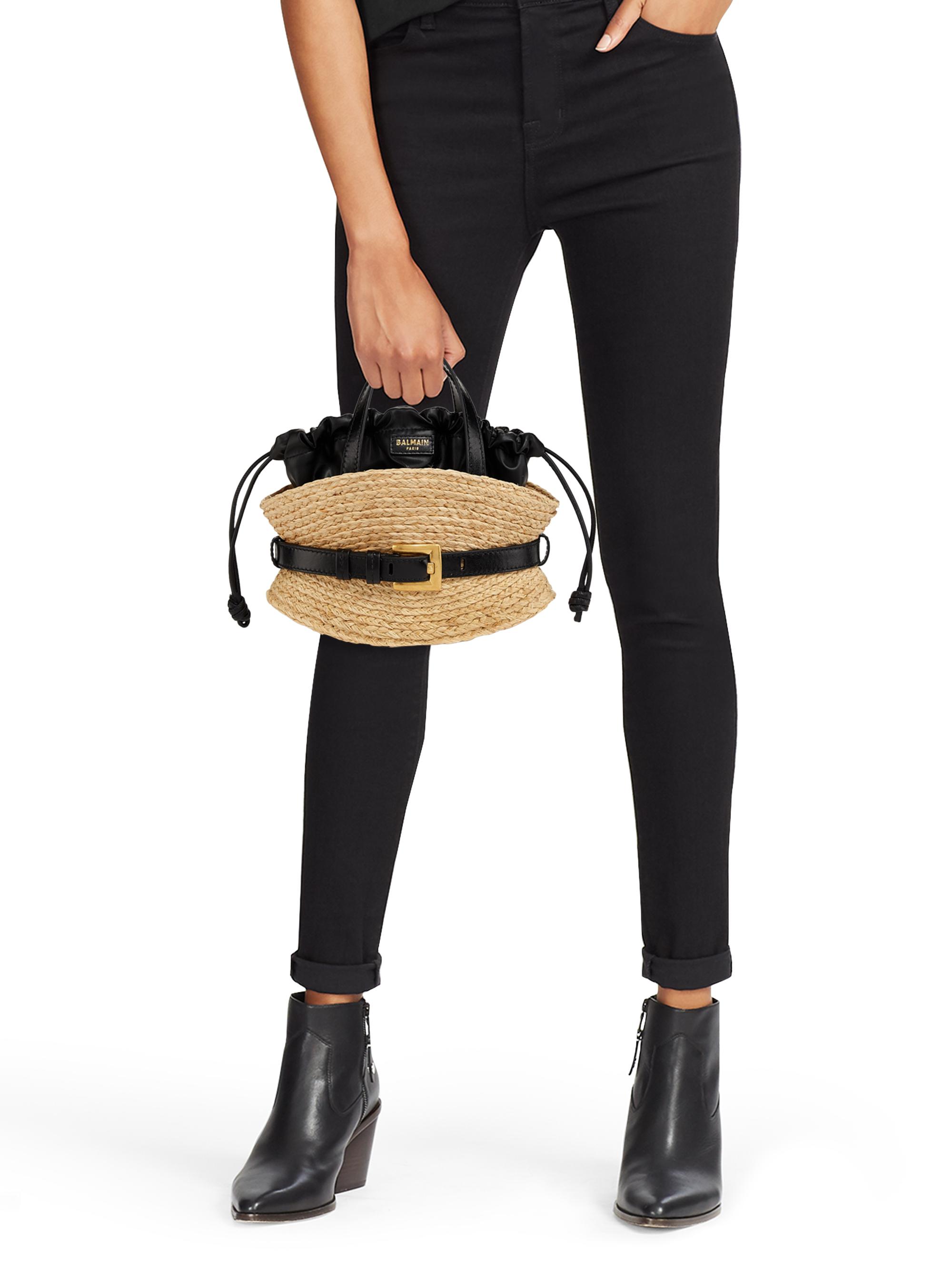 Balmain Mini Shuffle Raffia & Leather Top Handle Bag | Saks Fifth Avenue