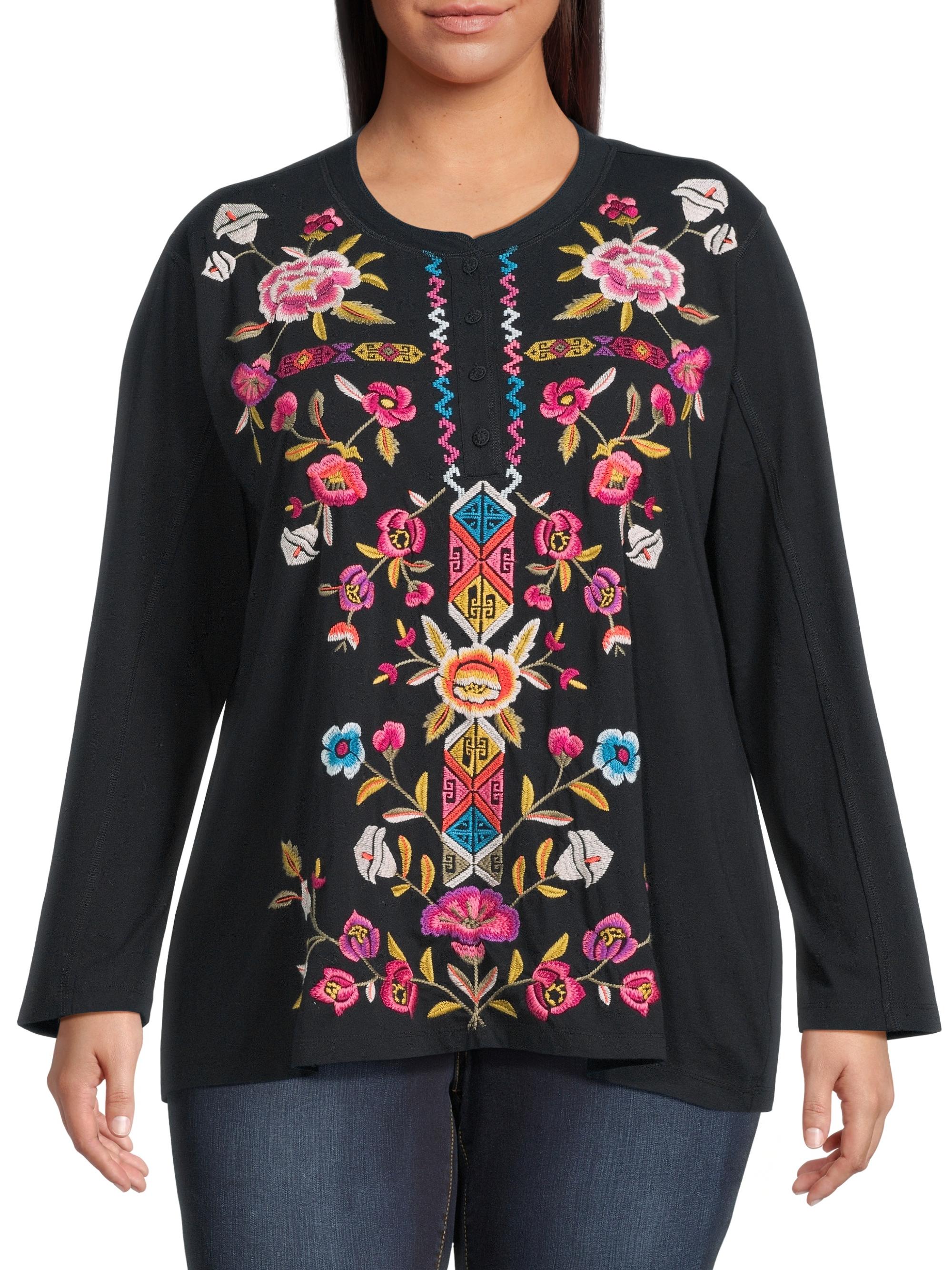 Johnny Was Plus Anaya Embroidered Cotton Raw-Seam Henley | Saks Fifth ...