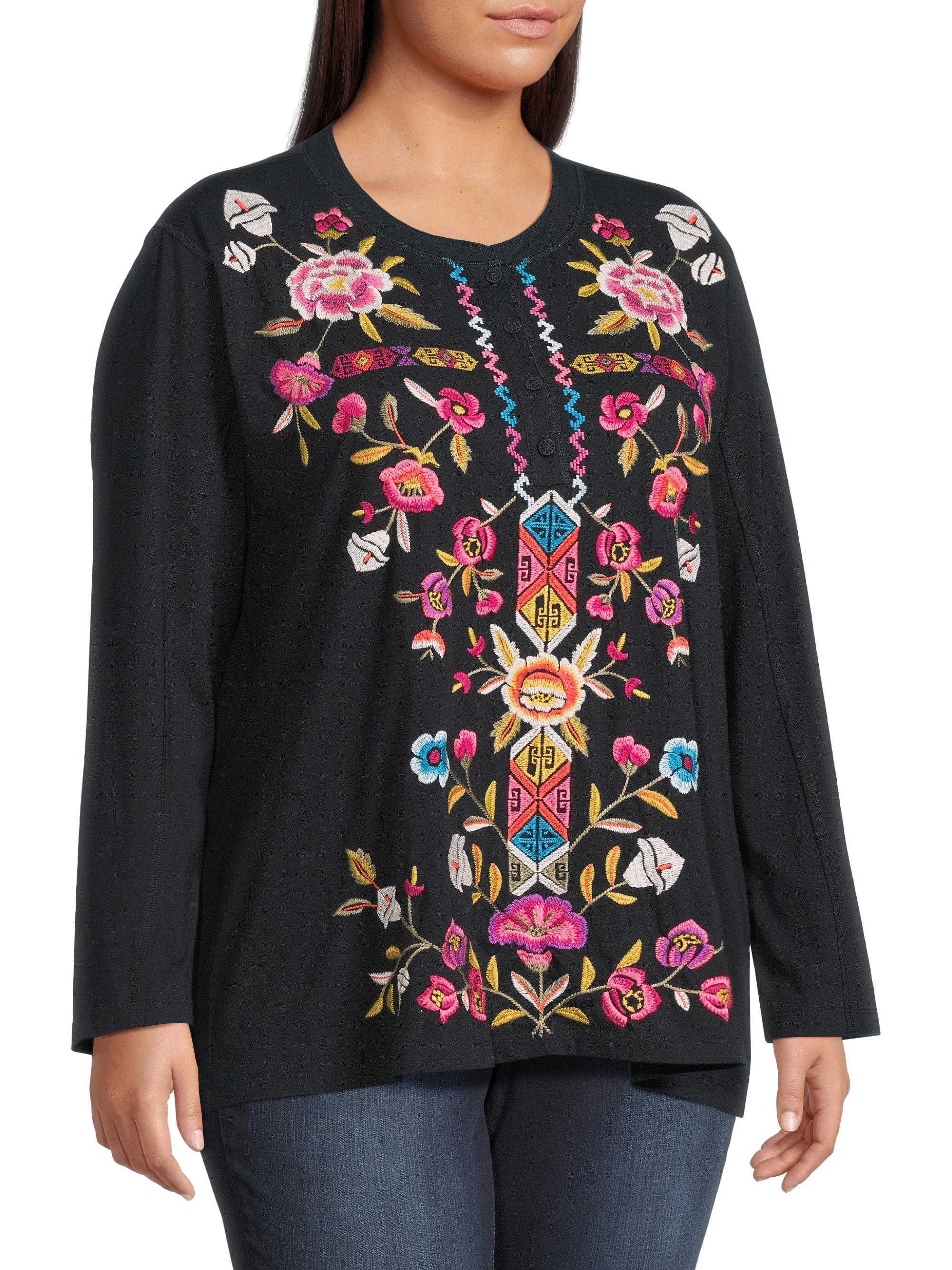 Johnny Was Plus Anaya Embroidered Cotton Raw-Seam Henley | Saks Fifth ...