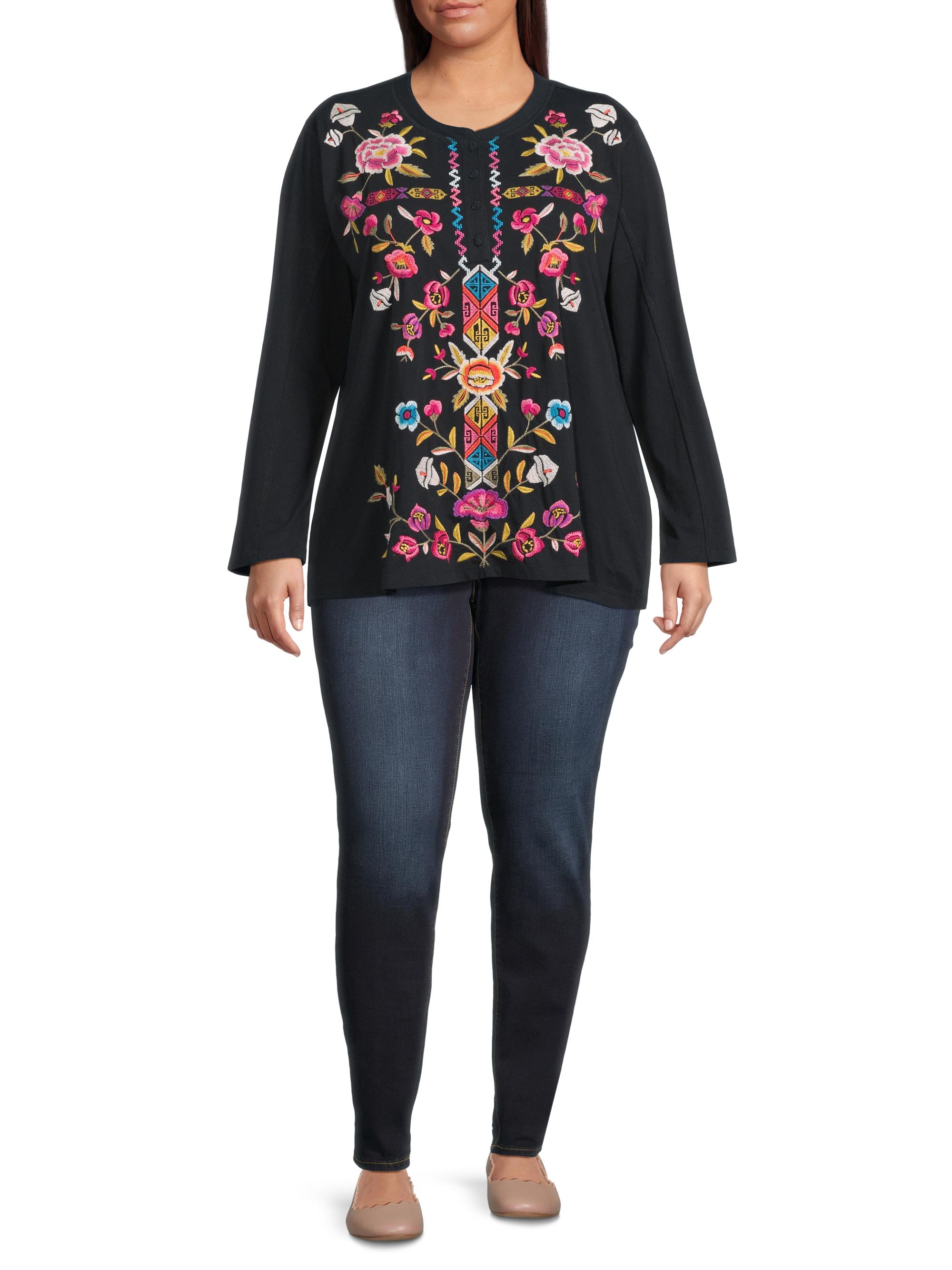 Johnny Was Plus Anaya Embroidered Cotton Raw-Seam Henley | Saks Fifth ...