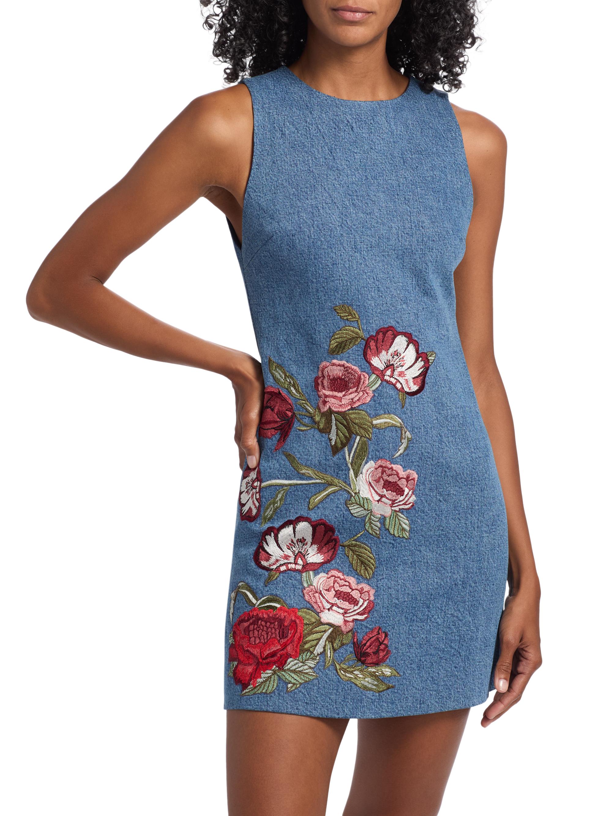 Alice + Olivia Cade Denim Floral Embroidered Minidress | Saks Fifth Avenue