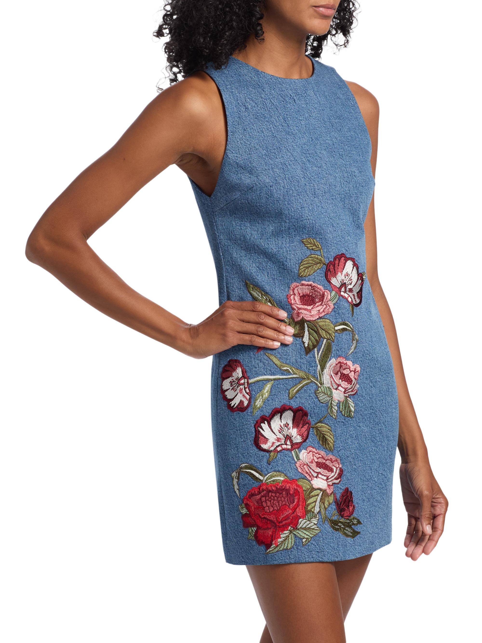 Alice + Olivia Cade Denim Floral Embroidered Minidress | Saks Fifth Avenue