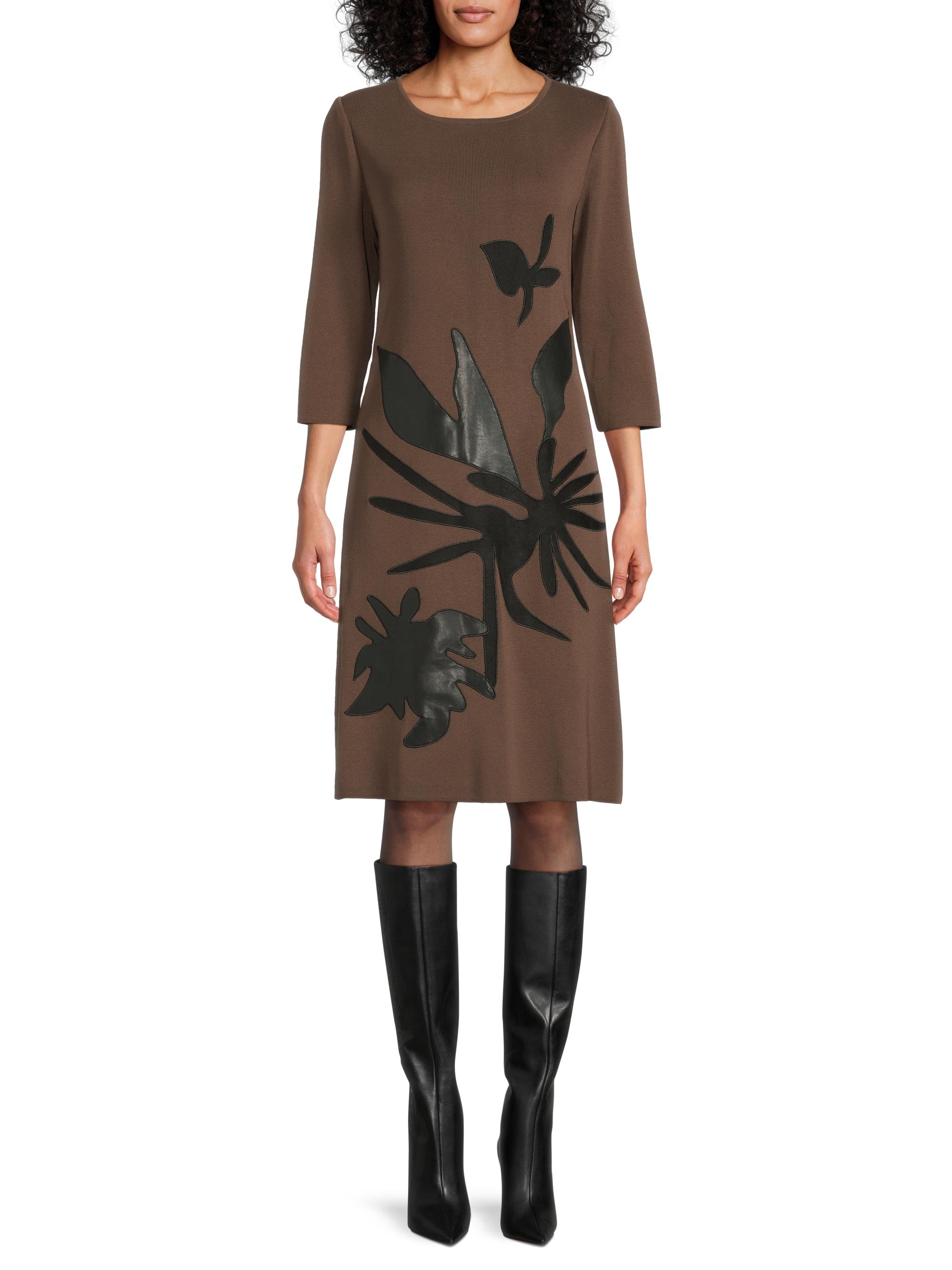 Ming Wang Missy Faux-Leather Appliqué Knit Knee-Length Dress | Saks Fifth Avenue