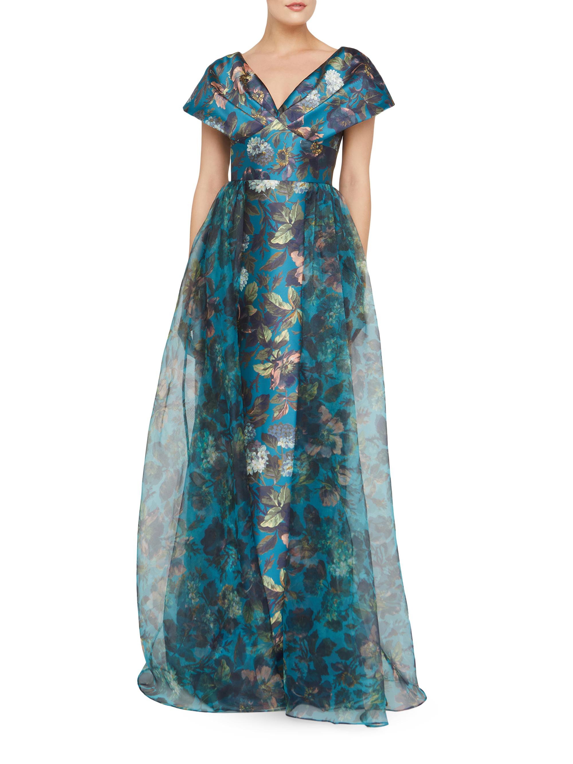 Theia Azaria Floral Mikado Draped V-Neck Gown | Saks Fifth Avenue