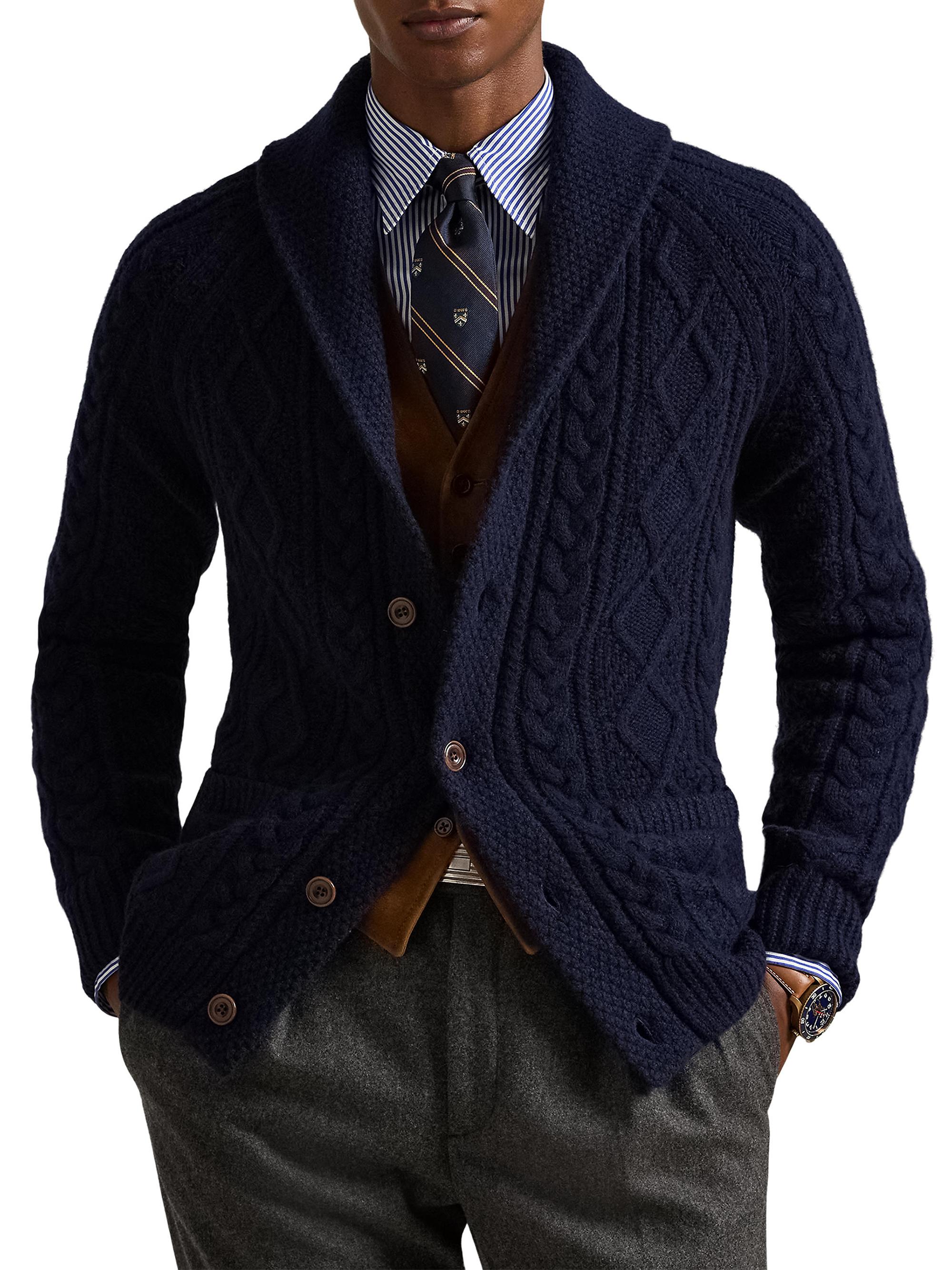Polo Ralph Lauren Suede Elbow-Patch Wool-Blend Cable-Knit Cardigan ...