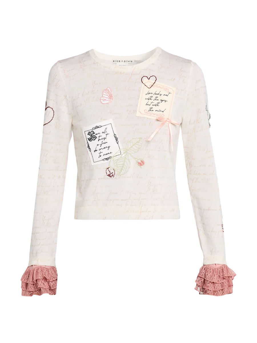 Alice + Olivia Carolann Script Embroidered Ruffle-Cuff Sweater | Saks ...