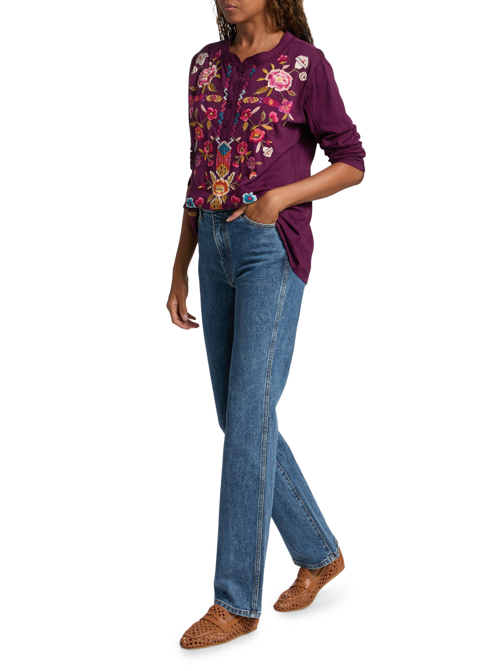 Johnny Was Anaya Floral-Embroidered Henley Top | Saks Fifth Avenue