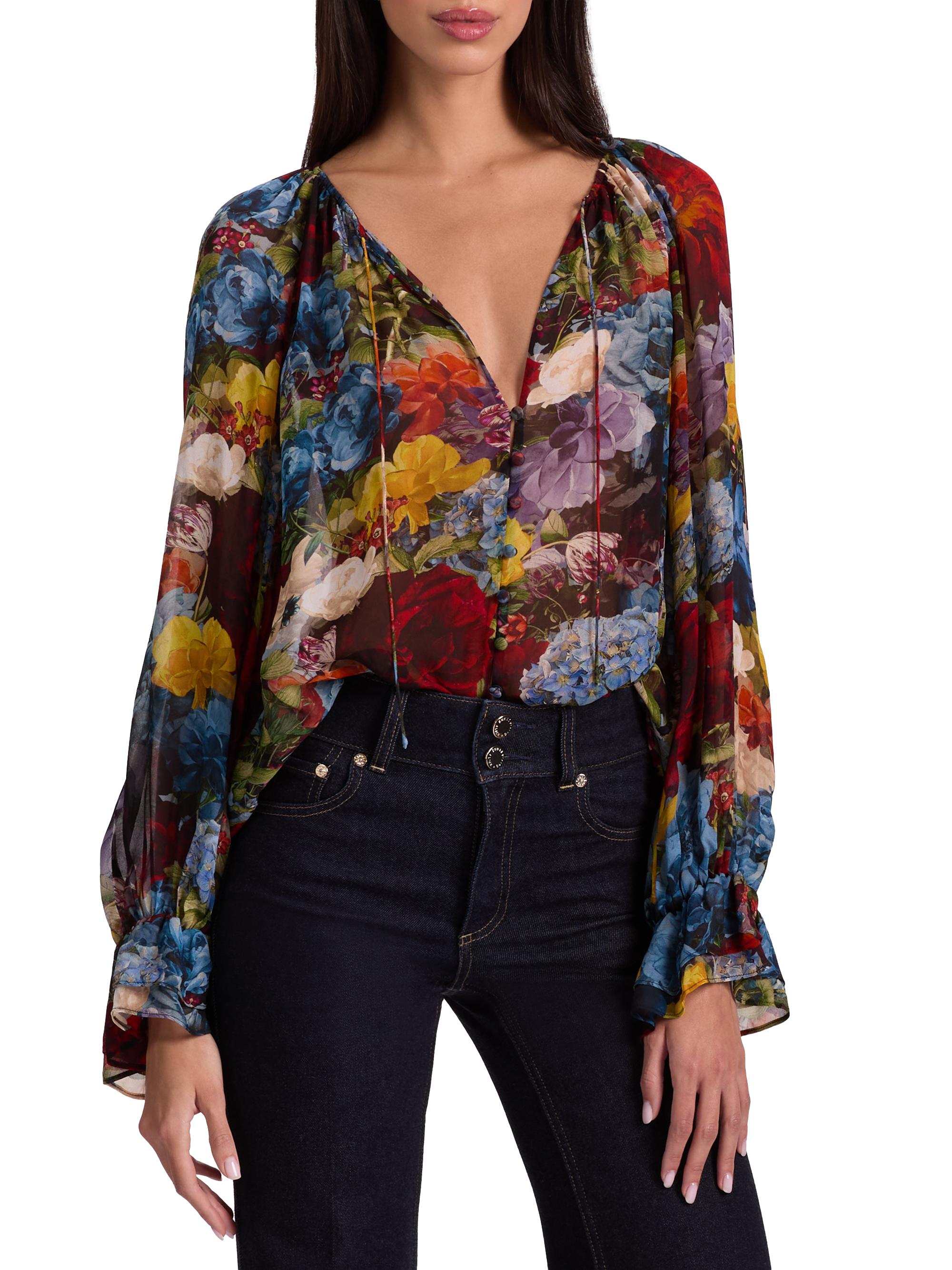 ALICE + OLIVIA Josephine Split Neck Blouson-Sleeve Blouse | Saks Fifth ...