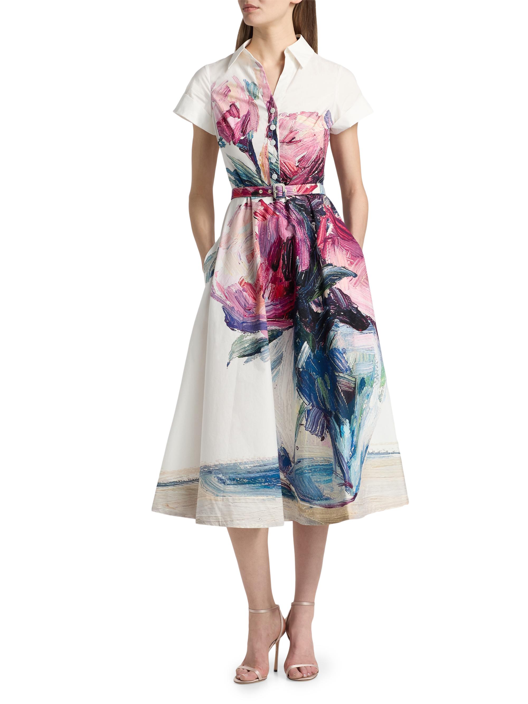 Teri Jon by Rickie Freeman Floral Cotton Shirtwaist Midi-Dress | Saks ...
