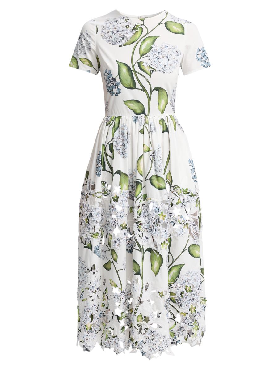 Oscar de la Renta Porcelain Flowers Embroidered Day Midi-Dress | Saks ...